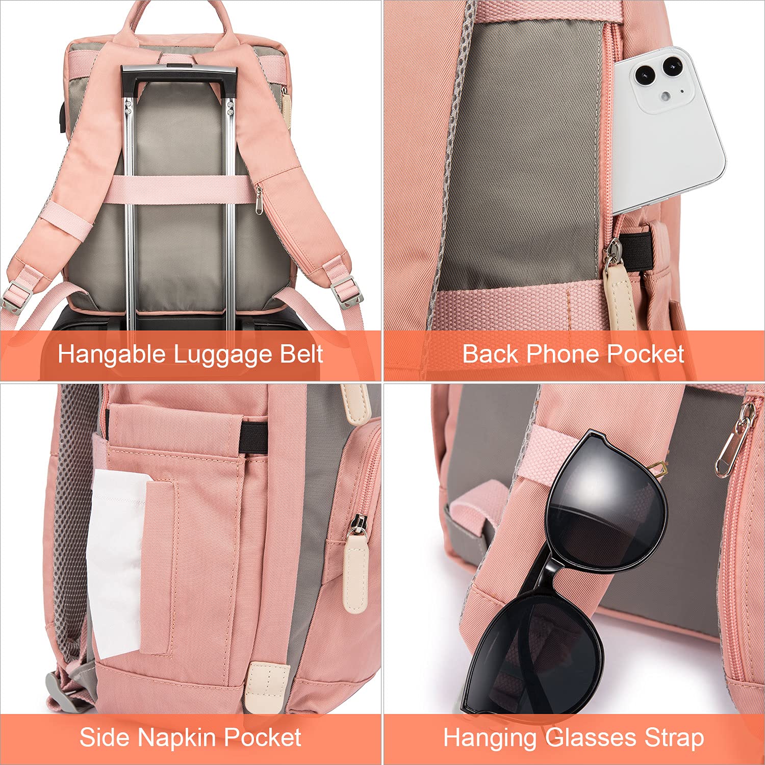LOVEVOOK School Backpack for Women Cute College Backpack Waterproof Laptop Bookbag with USB Charging Port Vintage Bag 15.6 inch,Pink