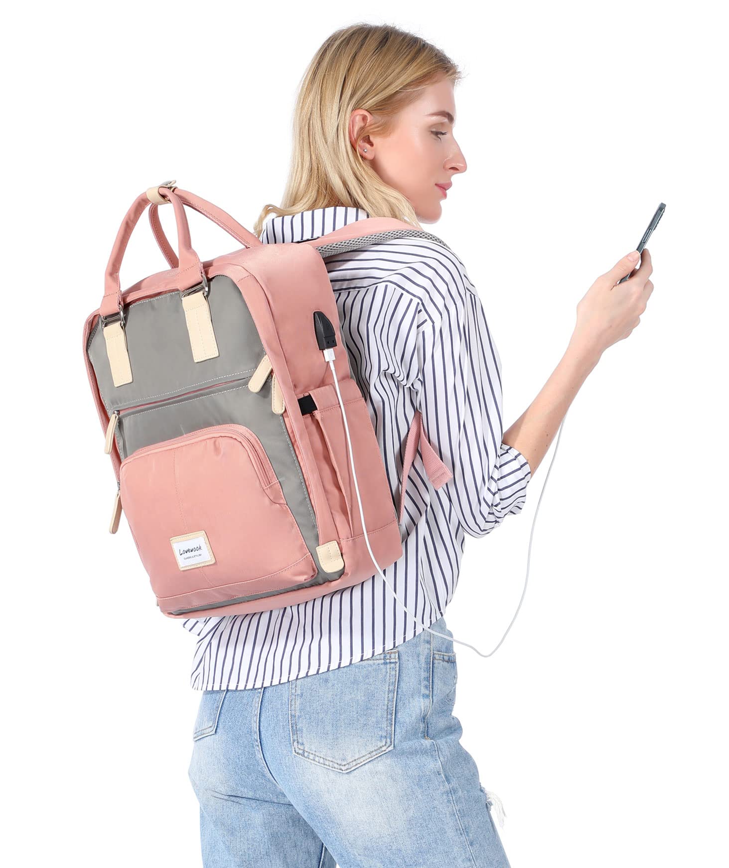 LOVEVOOK School Backpack for Women Cute College Backpack Waterproof Laptop Bookbag with USB Charging Port Vintage Bag 15.6 inch,Pink