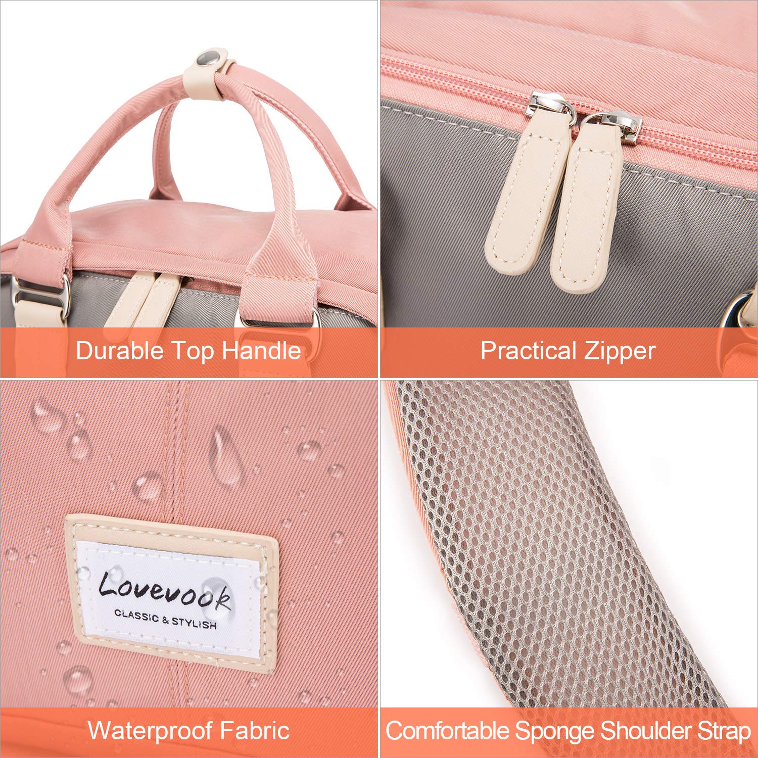 LOVEVOOK School Backpack for Women Cute College Backpack Waterproof Laptop Bookbag with USB Charging Port Vintage Bag 15.6 inch,Pink