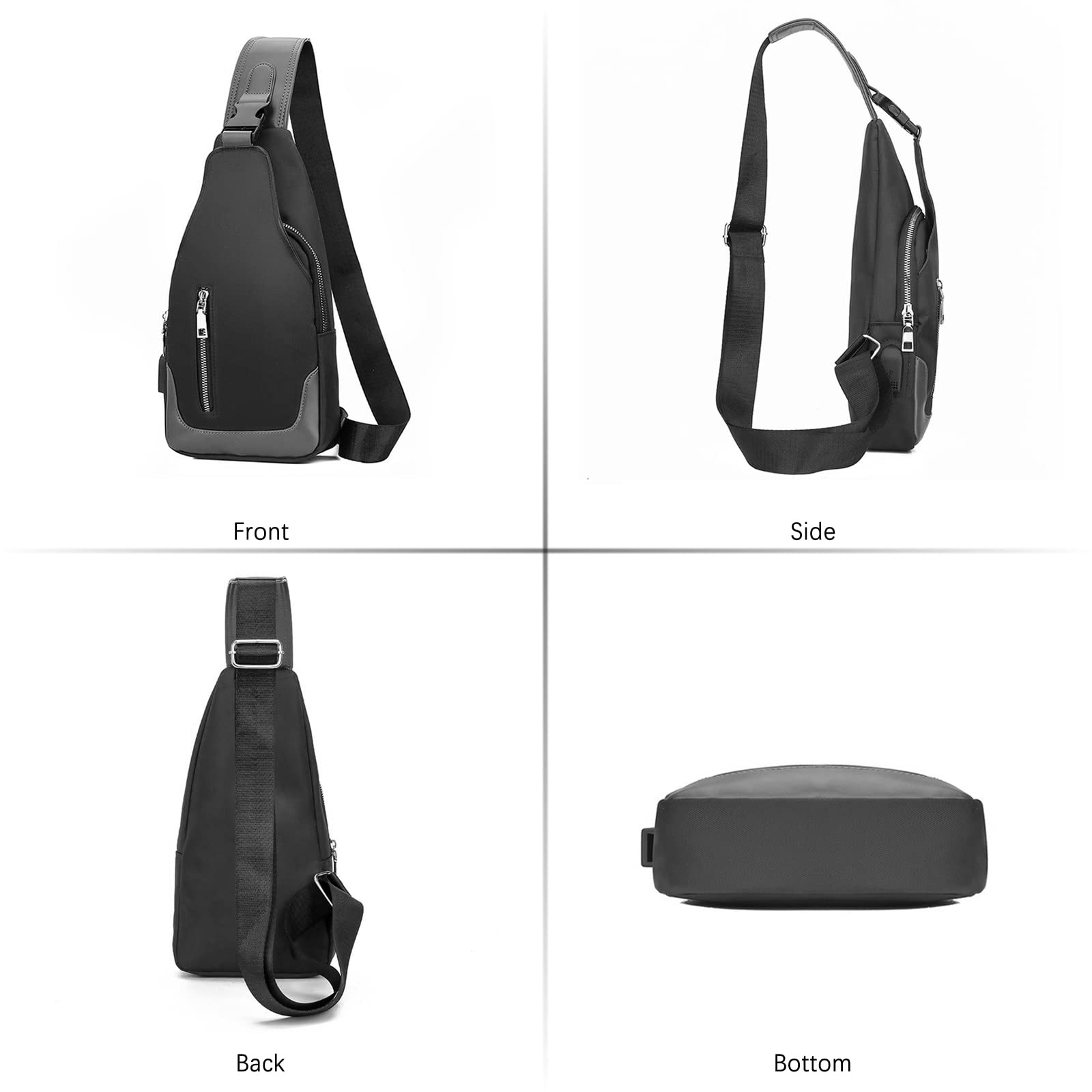 Long Keeper Crossbody Sling Shoulder Backpack Women Men Small Hiking Chest Bag Travel Cycling Daypack with USB Charging (Black)