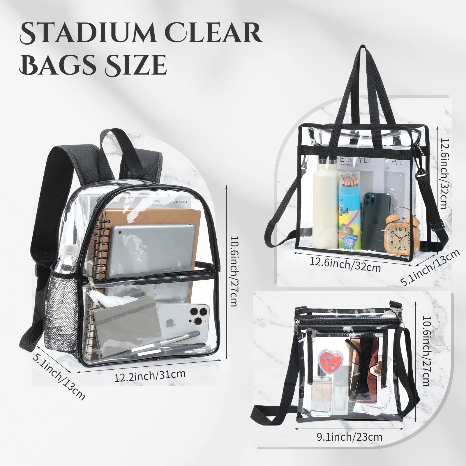 3 Pcs Clear Backpack Stadium Approved Transparent Backpack Clear Tote Bag with Zipper See Through PVC Messenger Handbag Stadium Approved Purse Transparent Crossbody Bags with Adjustable Strap for Work