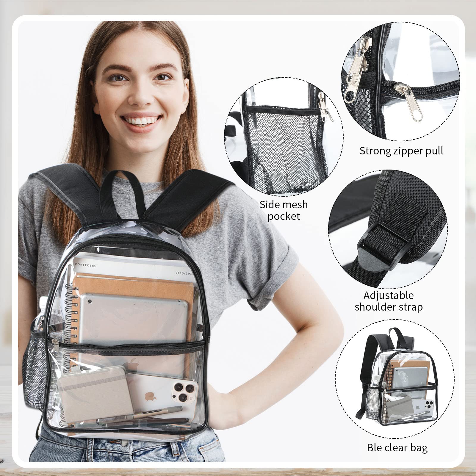 3 Pcs Clear Backpack Stadium Approved Transparent Backpack Clear Tote Bag with Zipper See Through PVC Messenger Handbag Stadium Approved Purse Transparent Crossbody Bags with Adjustable Strap for Work