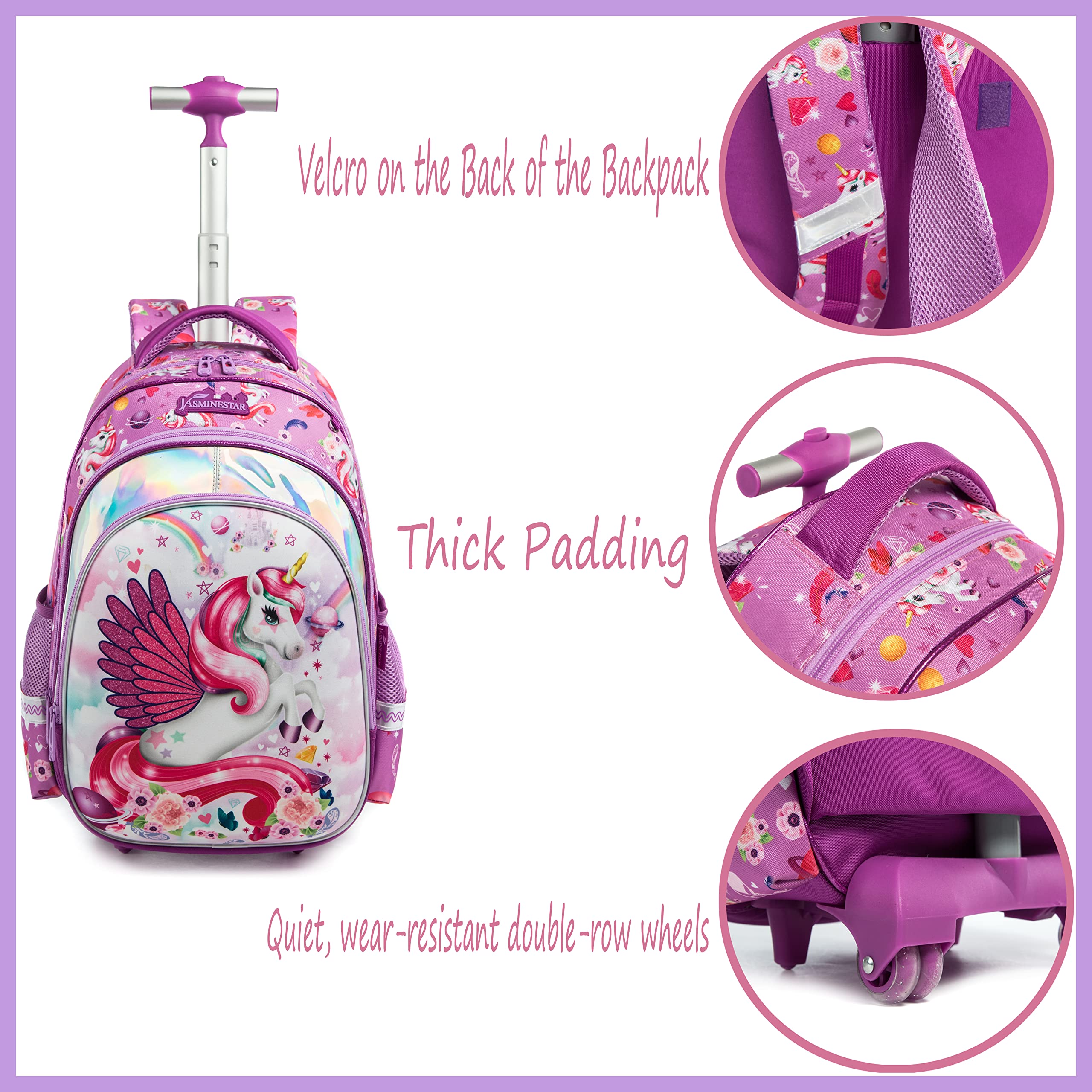 ZBAOGTW Rolling Backpack for Girls,Unicorn Rolling Backpack with Lunch Box and Pencil Bag, Adjustable Length Wheeled Backpack for School,Travel,Picnic