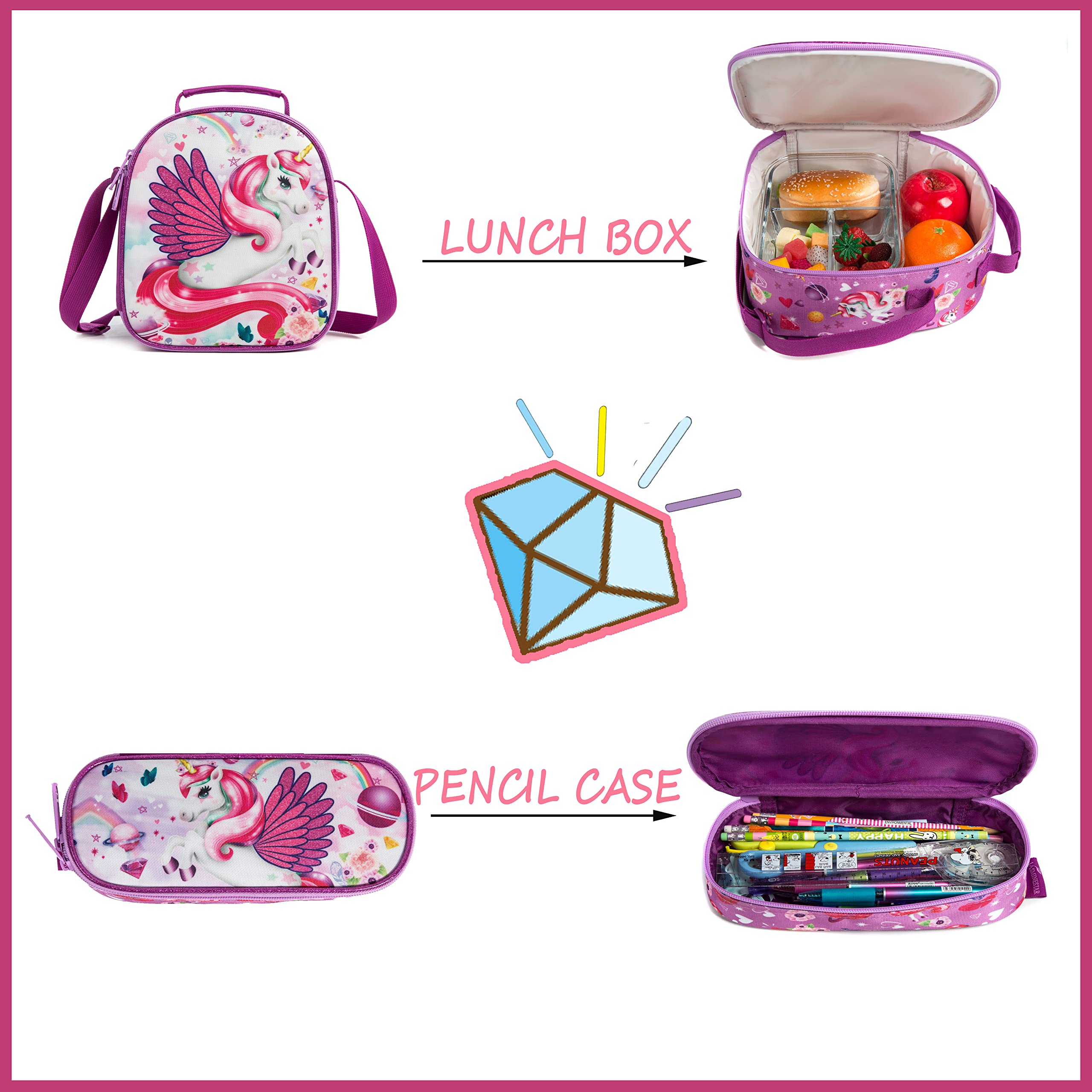ZBAOGTW Rolling Backpack for Girls,Unicorn Rolling Backpack with Lunch Box and Pencil Bag, Adjustable Length Wheeled Backpack for School,Travel,Picnic