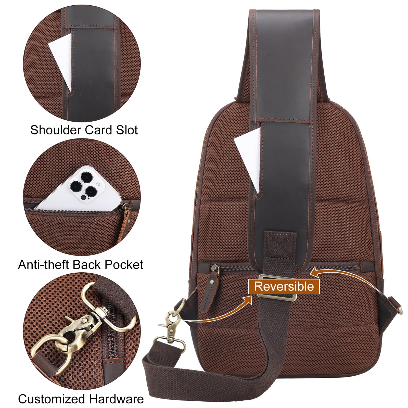 TIDING Men's Vintage Leather Crossbody Sling Bag Outdoor Travel Chest Bag Shoulder Daypack Fits 12.9" iPad