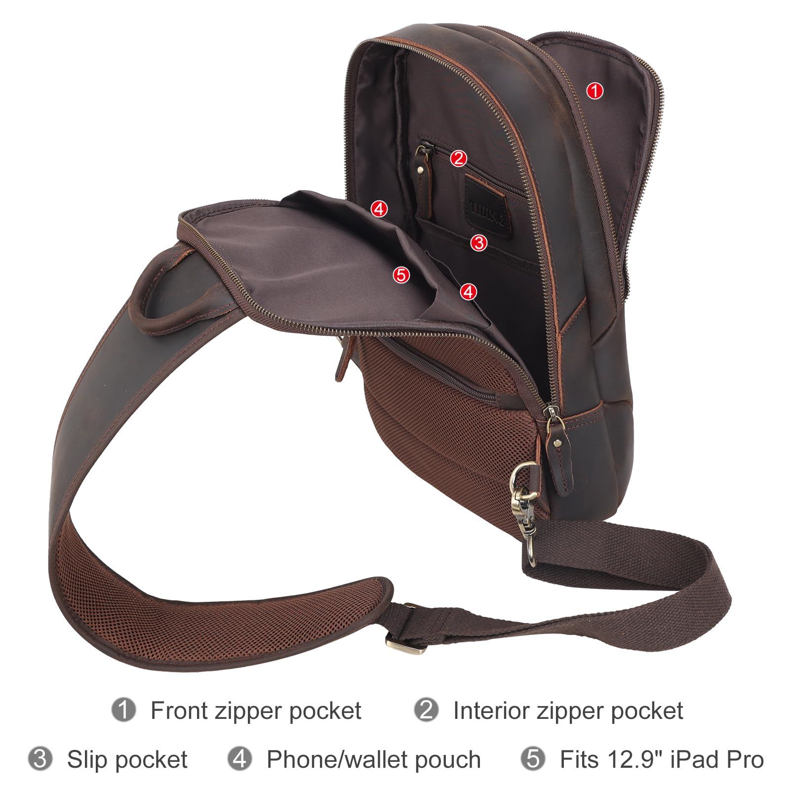 TIDING Men's Vintage Leather Crossbody Sling Bag Outdoor Travel Chest Bag Shoulder Daypack Fits 12.9" iPad