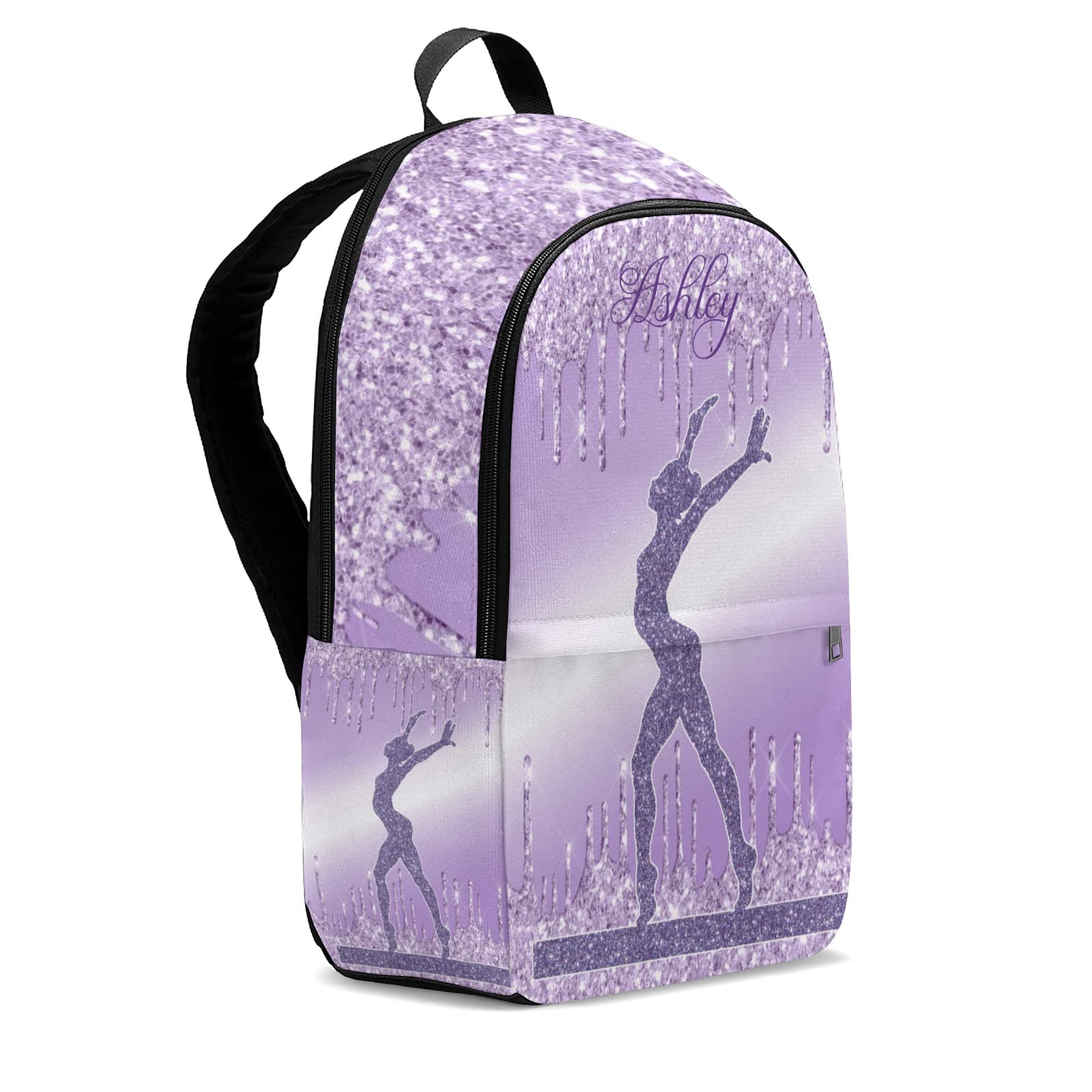 Personalized Name Violet Purple Glitter Print Girls Gymnastics Backpack Unisex Bookbag for Boy Girl Travel Daypack Bag Purse 17.7 IN