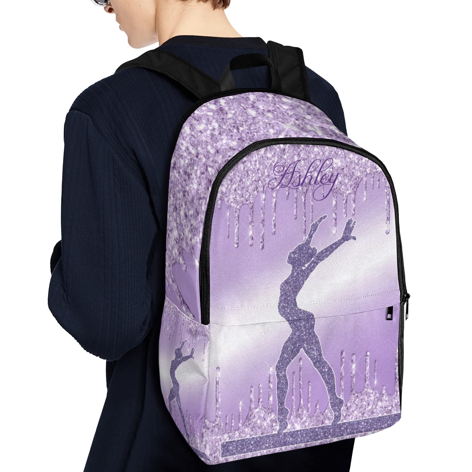Personalized Name Violet Purple Glitter Print Girls Gymnastics Backpack Unisex Bookbag for Boy Girl Travel Daypack Bag Purse 17.7 IN