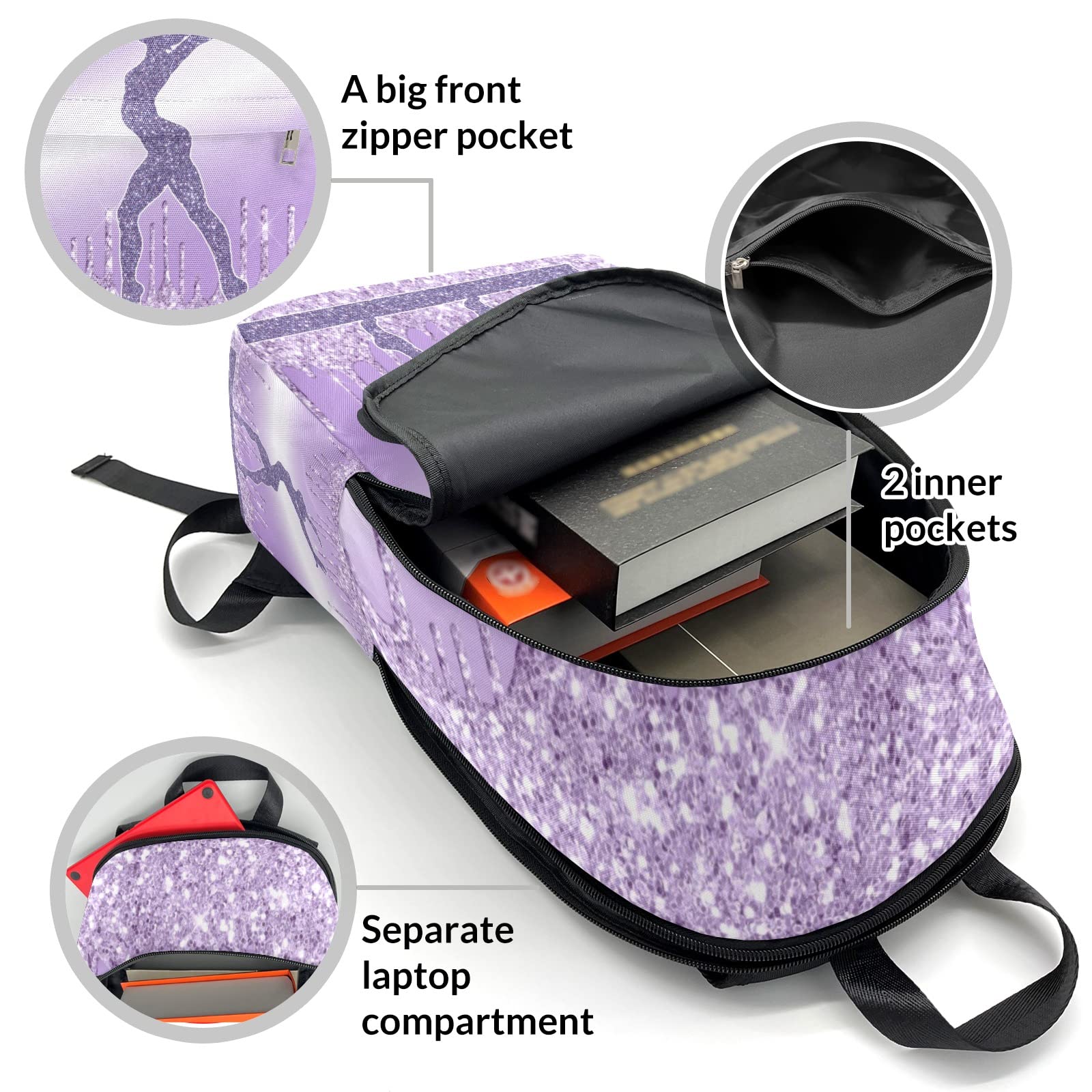 Personalized Name Violet Purple Glitter Print Girls Gymnastics Backpack Unisex Bookbag for Boy Girl Travel Daypack Bag Purse 17.7 IN