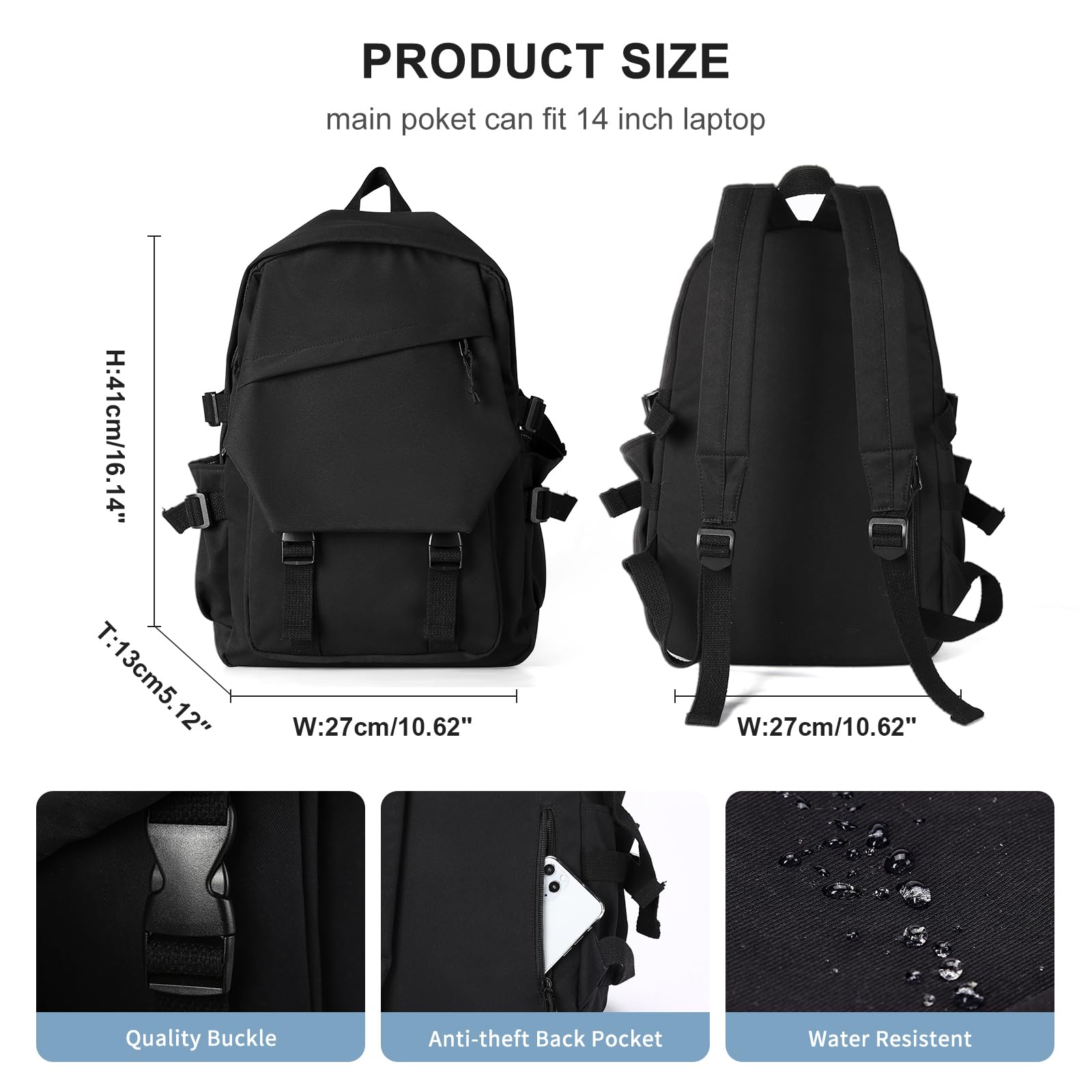 coowoz School Backpack Black Bookbag College High School Bags For Boys Girls Travel Rucksack Casual Daypack Laptop Backpacks(Black3)