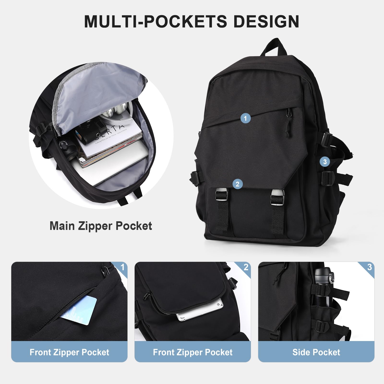 coowoz School Backpack Black Bookbag College High School Bags For Boys Girls Travel Rucksack Casual Daypack Laptop Backpacks(Black3)