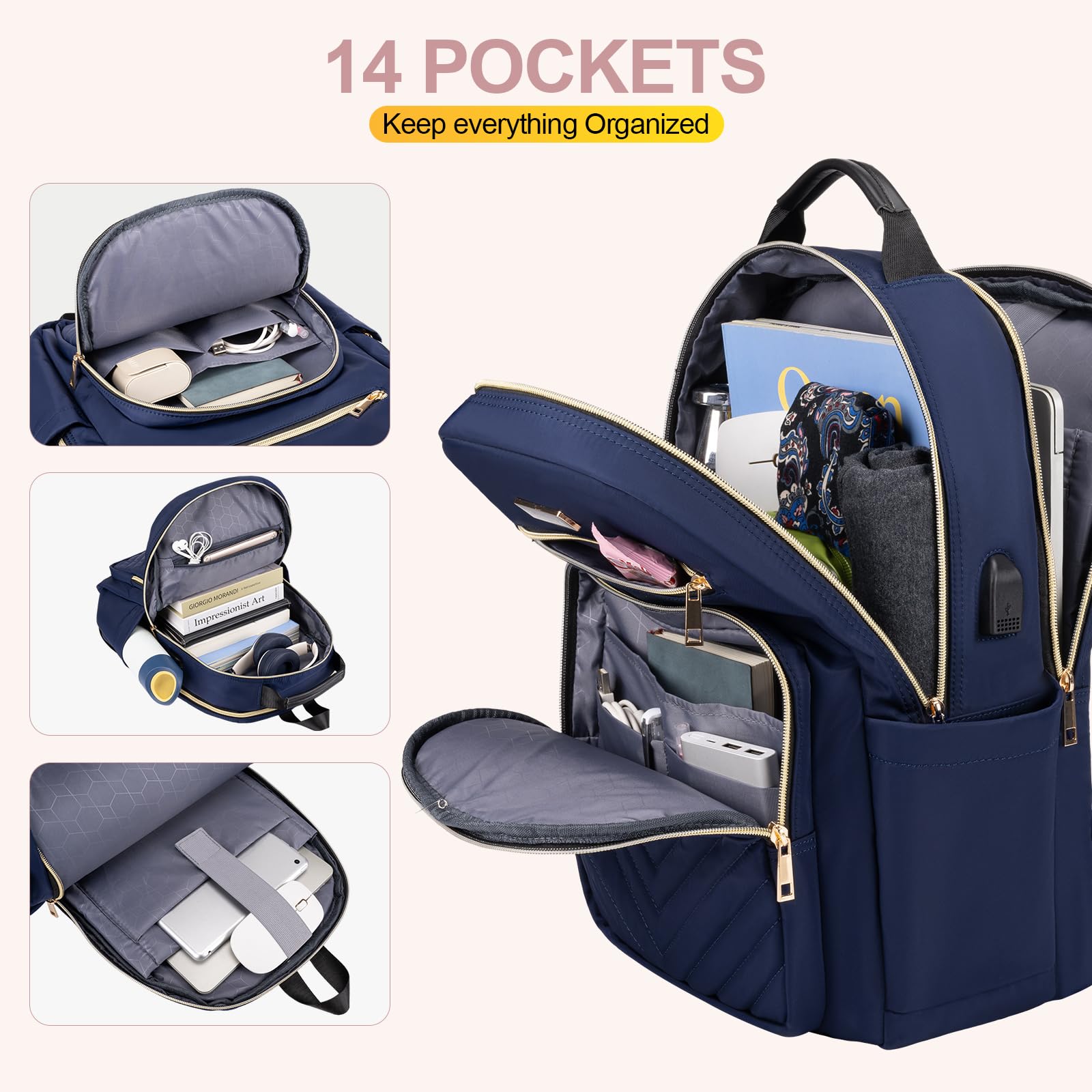 Bonioka Travel Laptop Backpack 15.6 Inch Work Laptop Bag with USB Charging Port, Water Resistant School Computer Backpack for Women Black