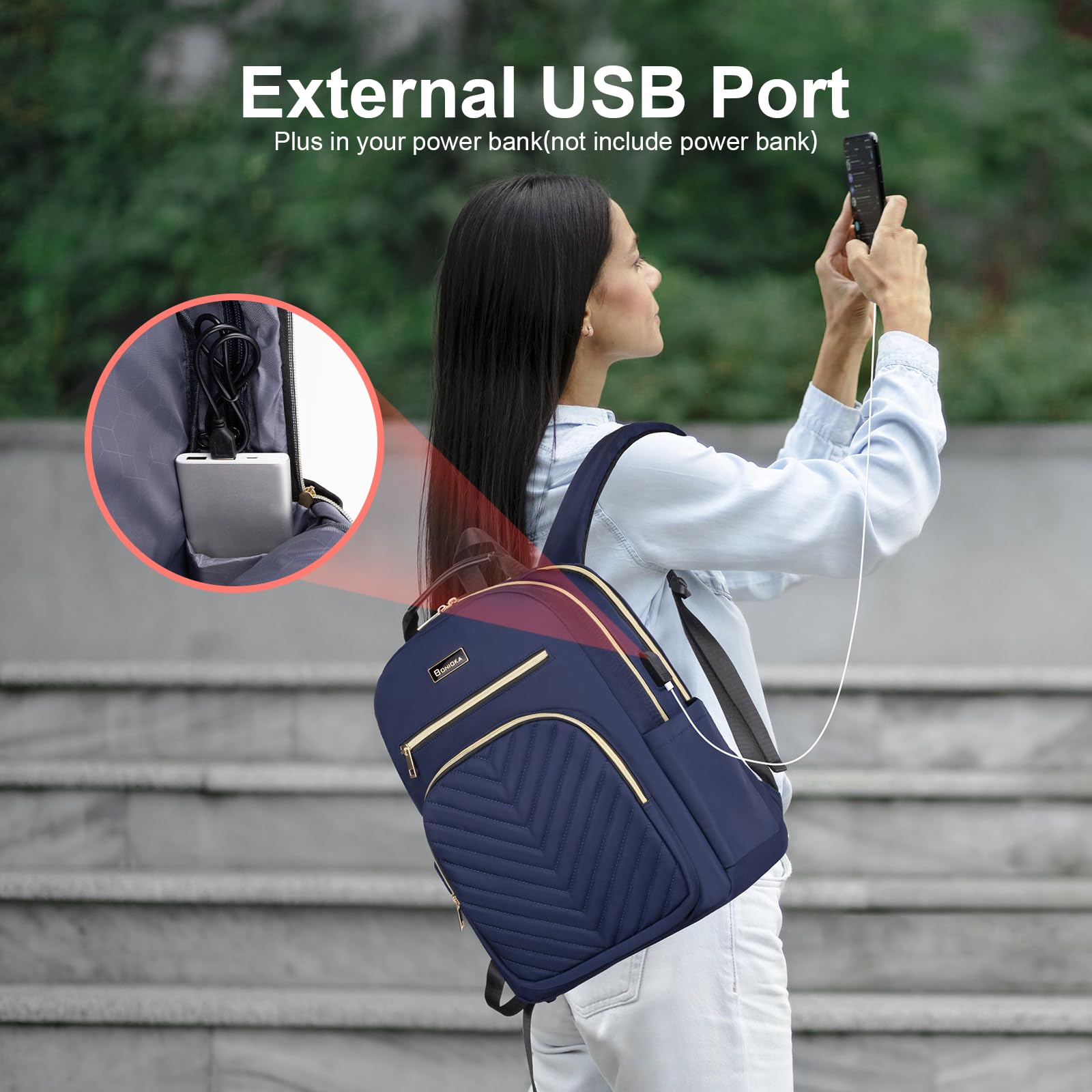 Bonioka Travel Laptop Backpack 15.6 Inch Work Laptop Bag with USB Charging Port, Water Resistant School Computer Backpack for Women Black