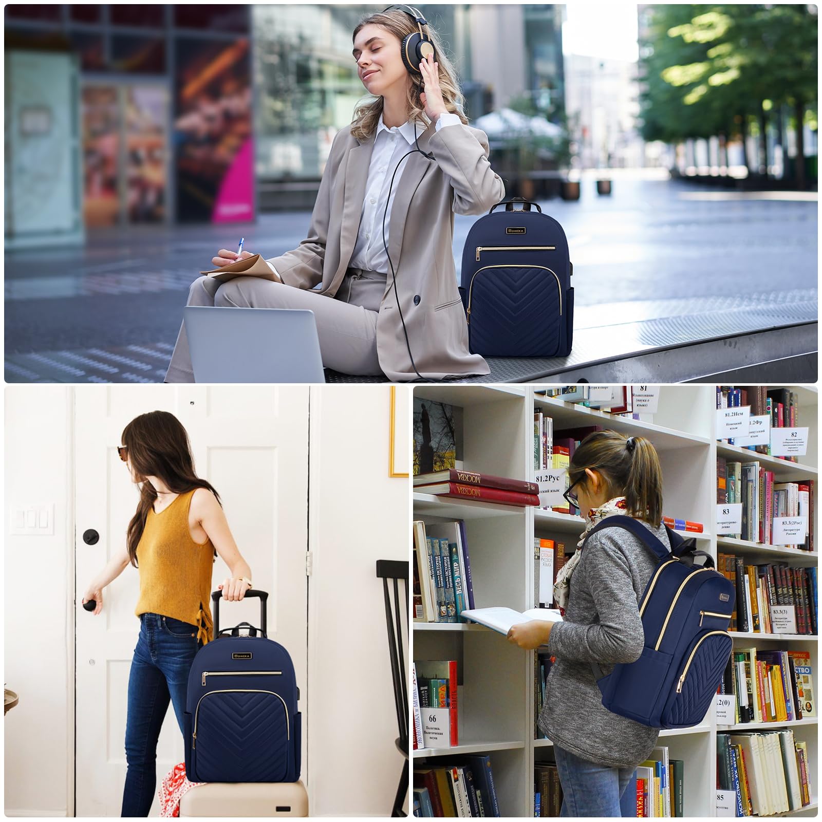Bonioka Travel Laptop Backpack 15.6 Inch Work Laptop Bag with USB Charging Port, Water Resistant School Computer Backpack for Women Black