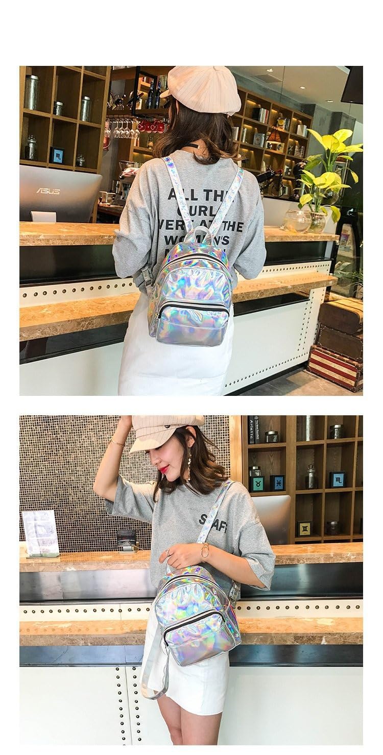 MOSSTYUS Small Holographic Backpack Rainbow Shoulder Bag Metallic Satchel Shiny Travel Daypack for Women Men Lady