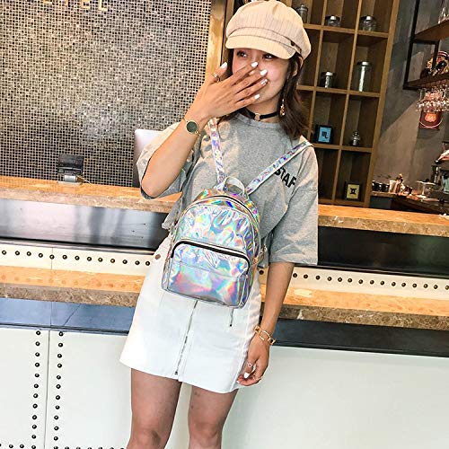 MOSSTYUS Small Holographic Backpack Rainbow Shoulder Bag Metallic Satchel Shiny Travel Daypack for Women Men Lady