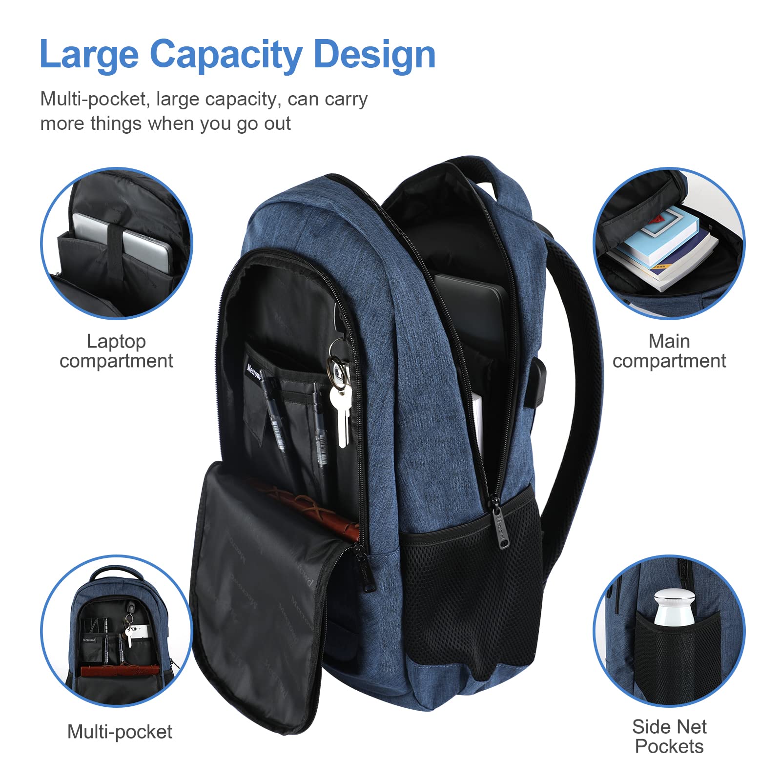 Mecrowd Laptop Backpack for Men, Business Anti Theft Backpack with USB Charging Port, 15.6 Inch Large Backpack for Travel Hiking, College School Bookbag Casual Daypack (Blue)