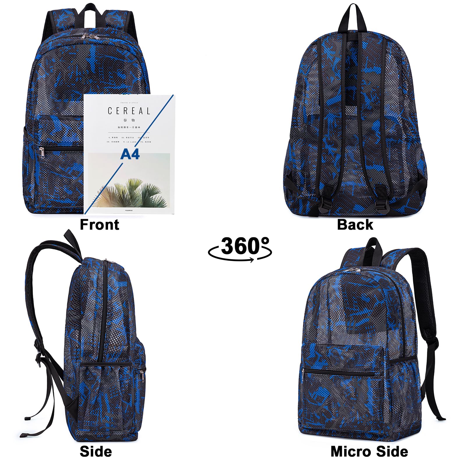 Bluboon Mesh Backpack Girls Kid Semi-Transparent School Bookbags See-through Lightweight Waterproof Casual Daypack for Beach Gym Travel