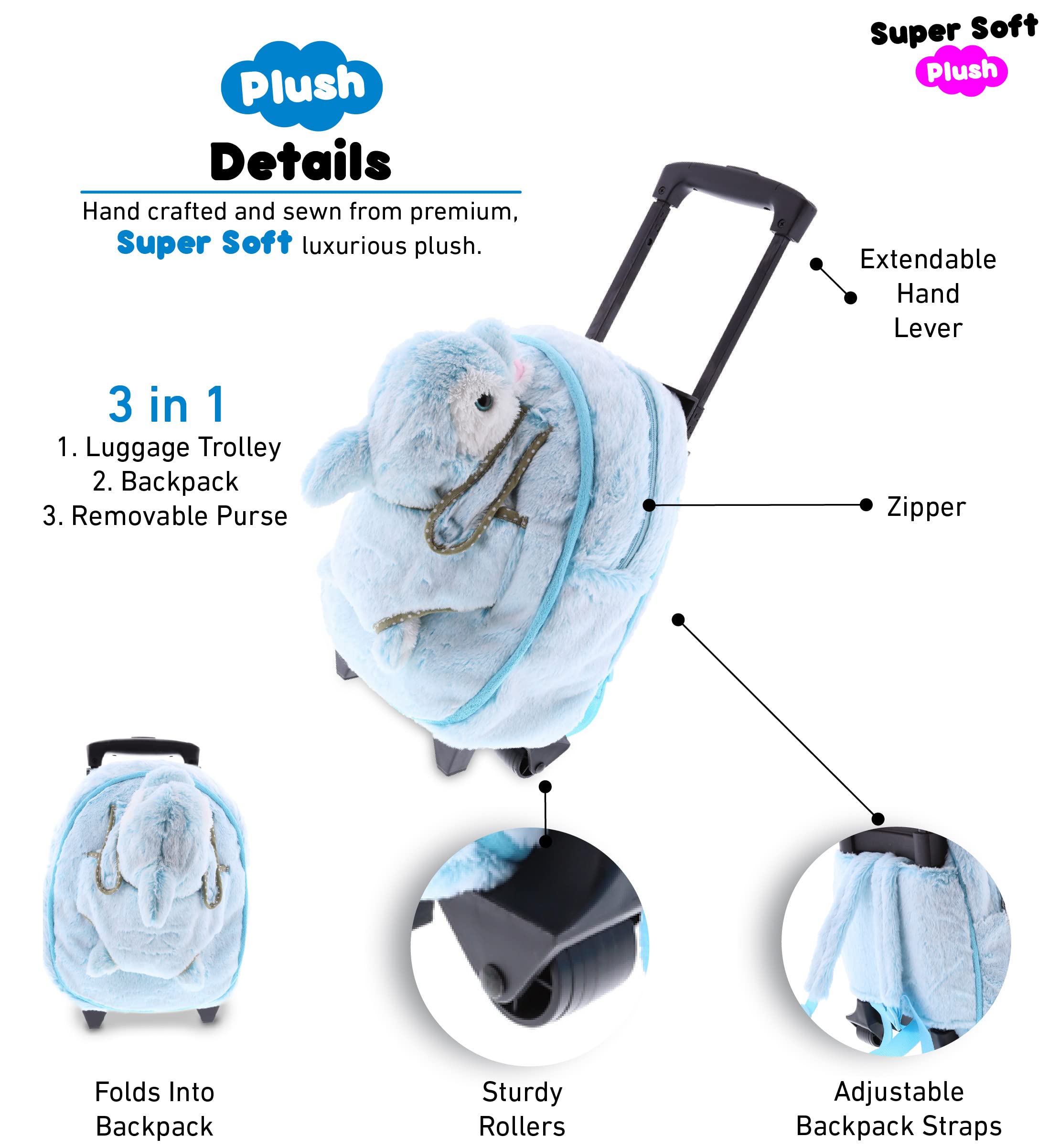 DolliBu Dolphin Plush Trolley and Purse Set - 3-in-1 Kids Trolley, Backpack, Blue Dolphin Purse, Soft Plush Backpack on Wheels, School Rolling Bag with Removable Plush Toy- 15"