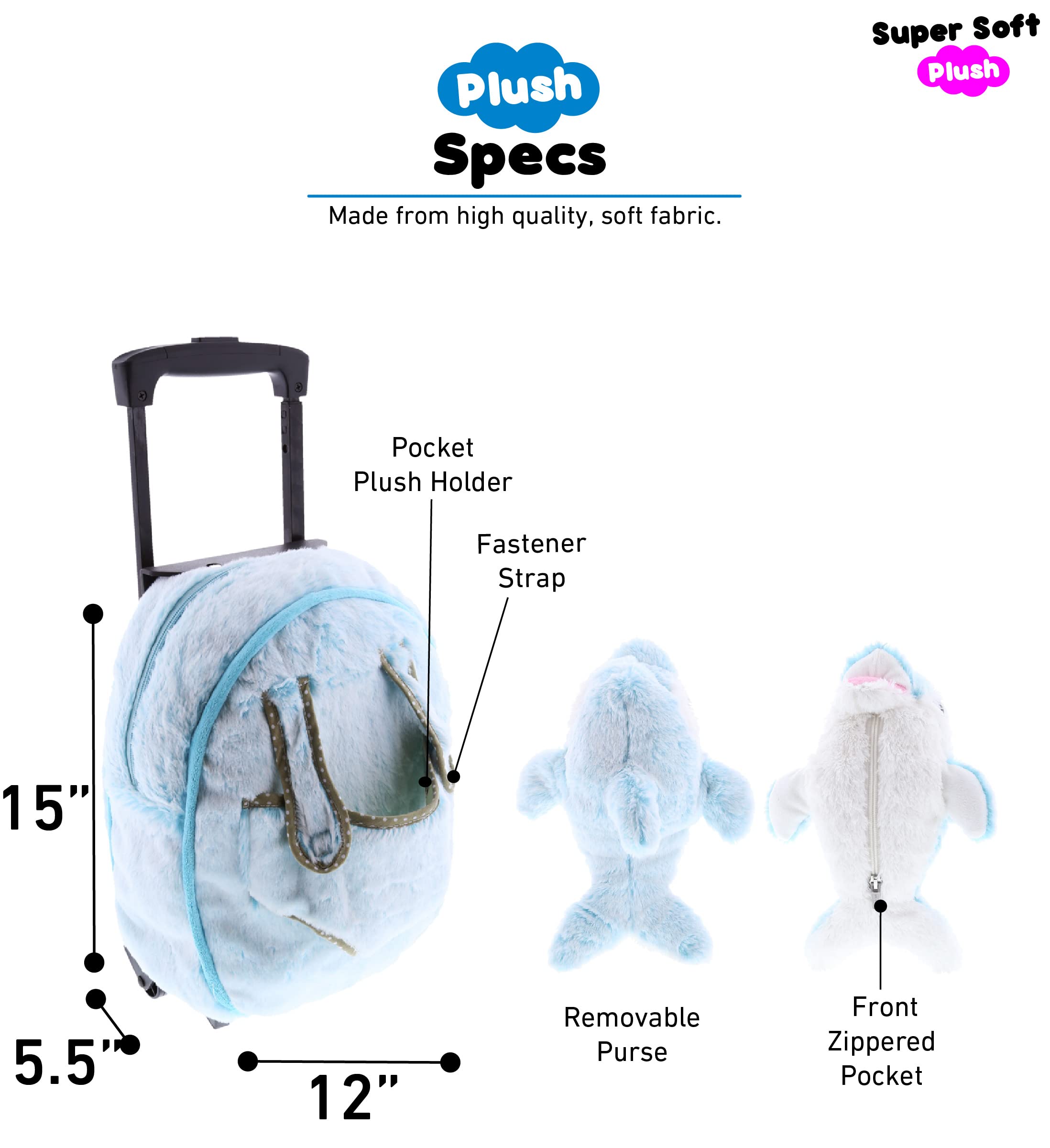 DolliBu Dolphin Plush Trolley and Purse Set - 3-in-1 Kids Trolley, Backpack, Blue Dolphin Purse, Soft Plush Backpack on Wheels, School Rolling Bag with Removable Plush Toy- 15"