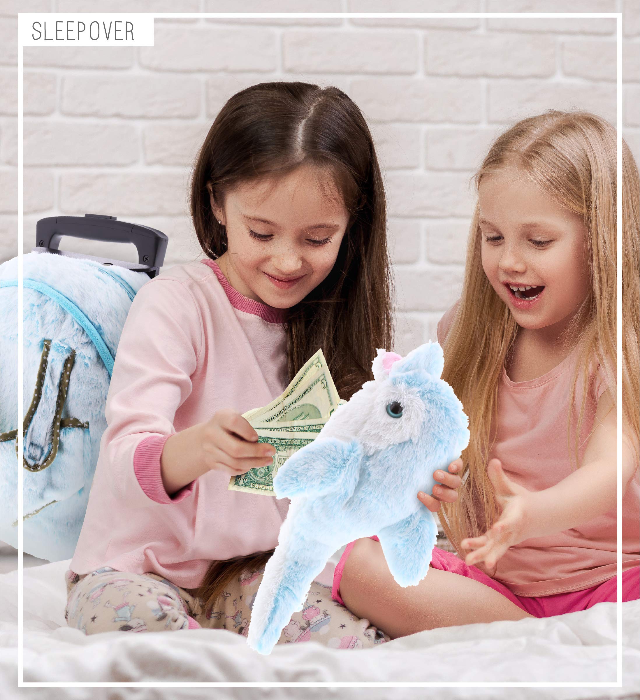 DolliBu Dolphin Plush Trolley and Purse Set - 3-in-1 Kids Trolley, Backpack, Blue Dolphin Purse, Soft Plush Backpack on Wheels, School Rolling Bag with Removable Plush Toy- 15"