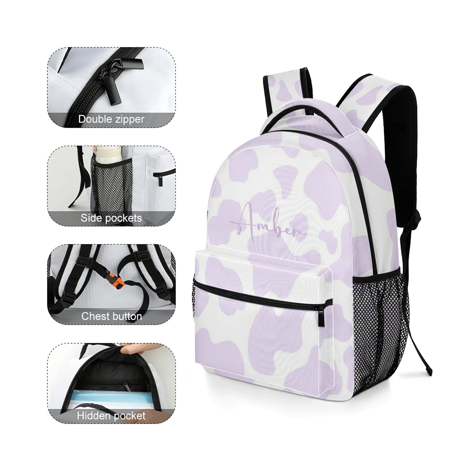 Cow Pattern Purple Backpack Personalized Name Waterproof Travel Bags for Men Women