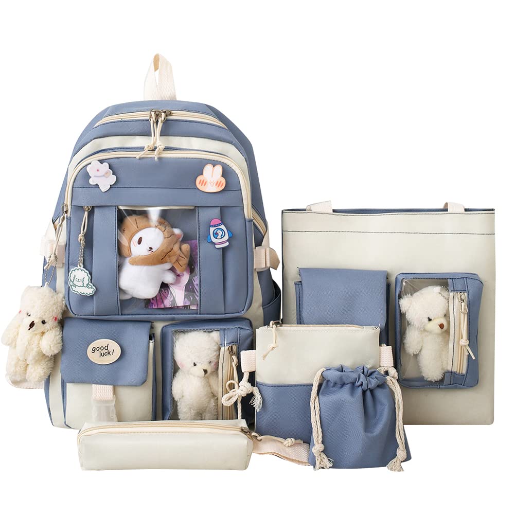 JQWSVE Kawaii Backpack with Kawaii Pendants and Pins Accessories 5Pcs Set Cute Kawaii Rucksack for Teen Girls School Bag Cute Aesthetic Backpack
