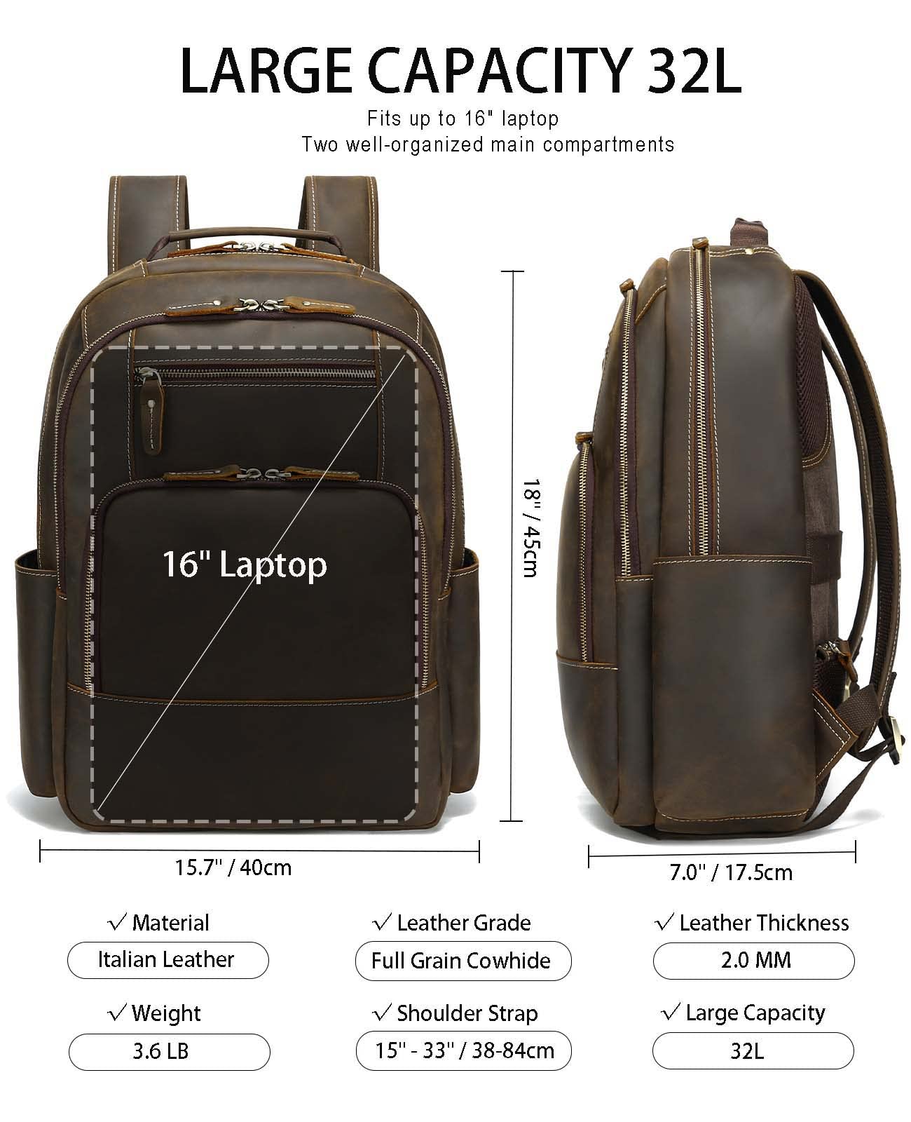 Taertii Full Grain Genuine Leather Backpack for Men, 16" Laptop Rucksack Backpack for Travel Business Shool 32L - Brown