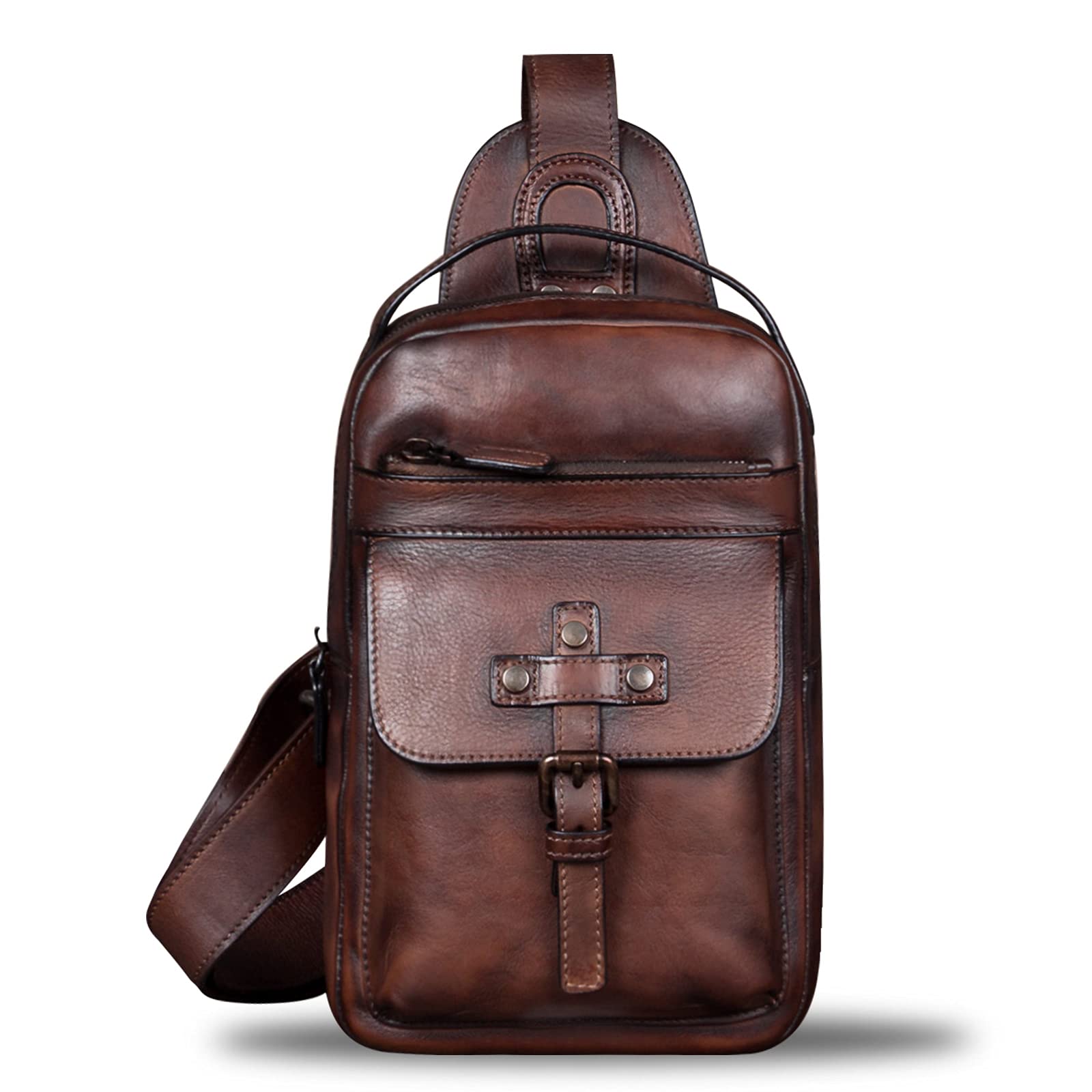 Genuine Leather Sling Bag Chest Shoulder Fanny Bag Hiking Backpack Vintage Handmade Crossbody Daypack (Coffee)