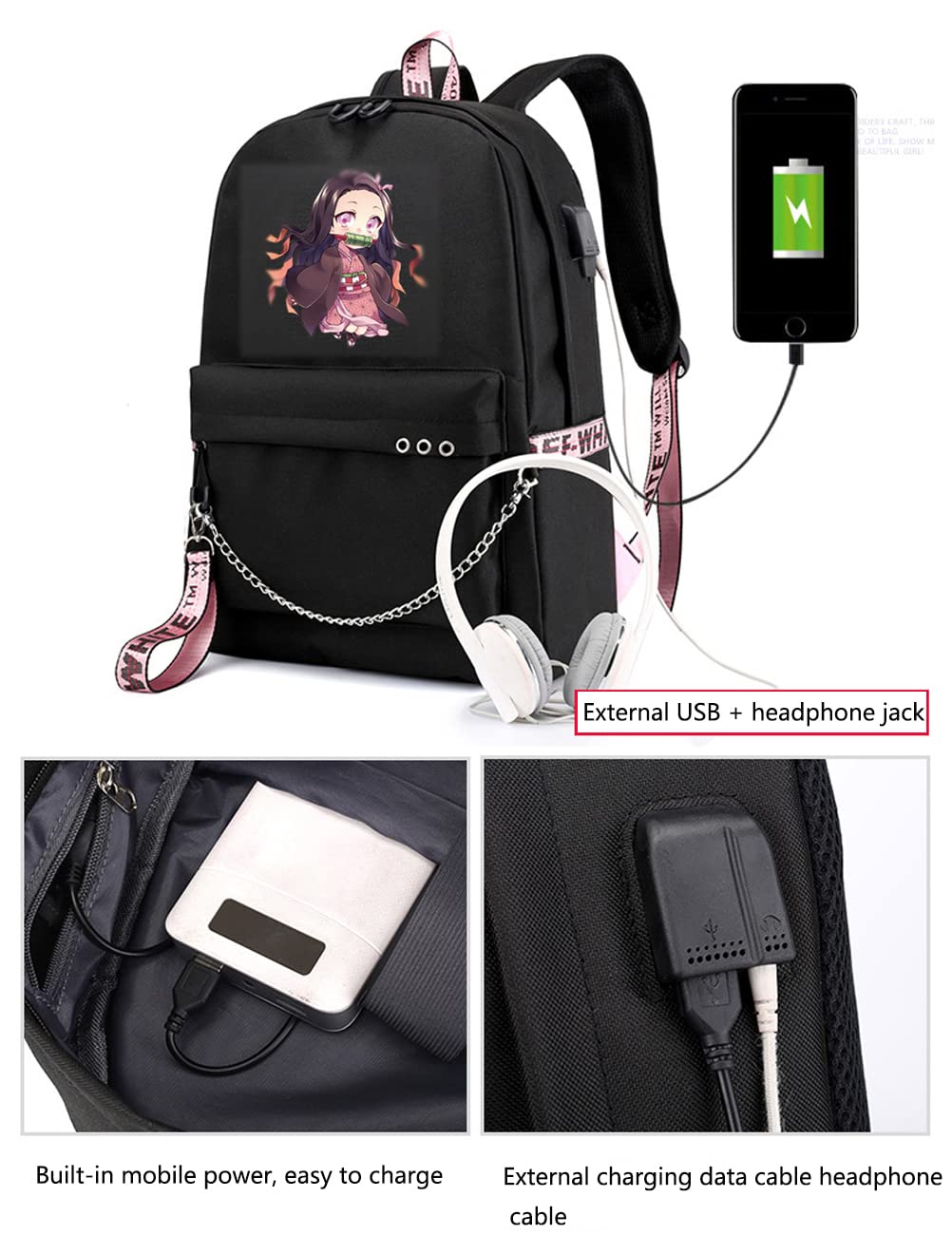 WZCSLM Anime Cosplay Laptop Backpack with USB Charging Port, Middle School College Bookbags for Women Men (black)