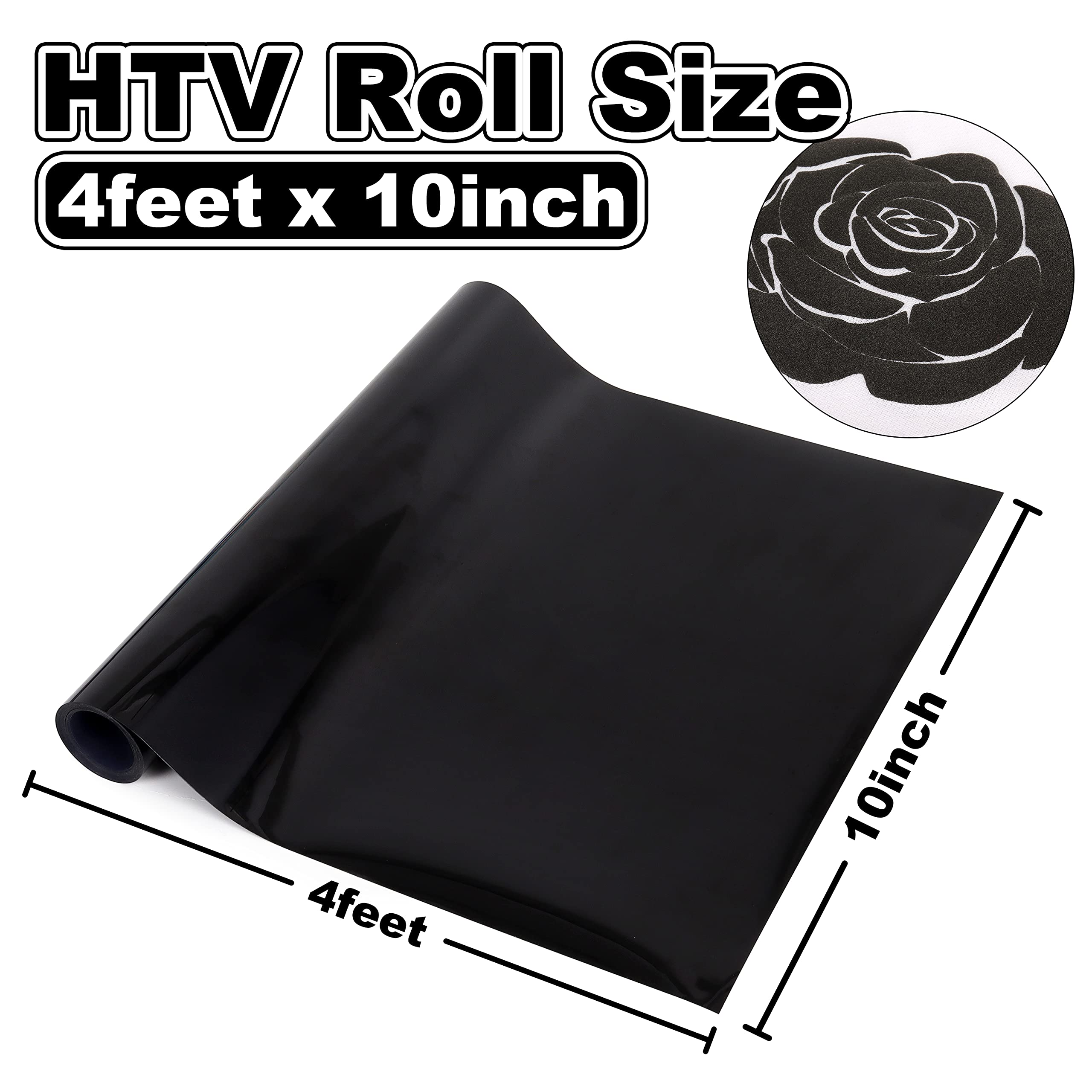 KINGSOW Puff HTV Vinyl Rolls: 10"x4ft 3D Puffy Black Colors Foaming Iron-on Heat Transfer Vinyl Single Roll for T-Shirts, Heat Press Cutter Machine, Bags etc. DIY Crafts