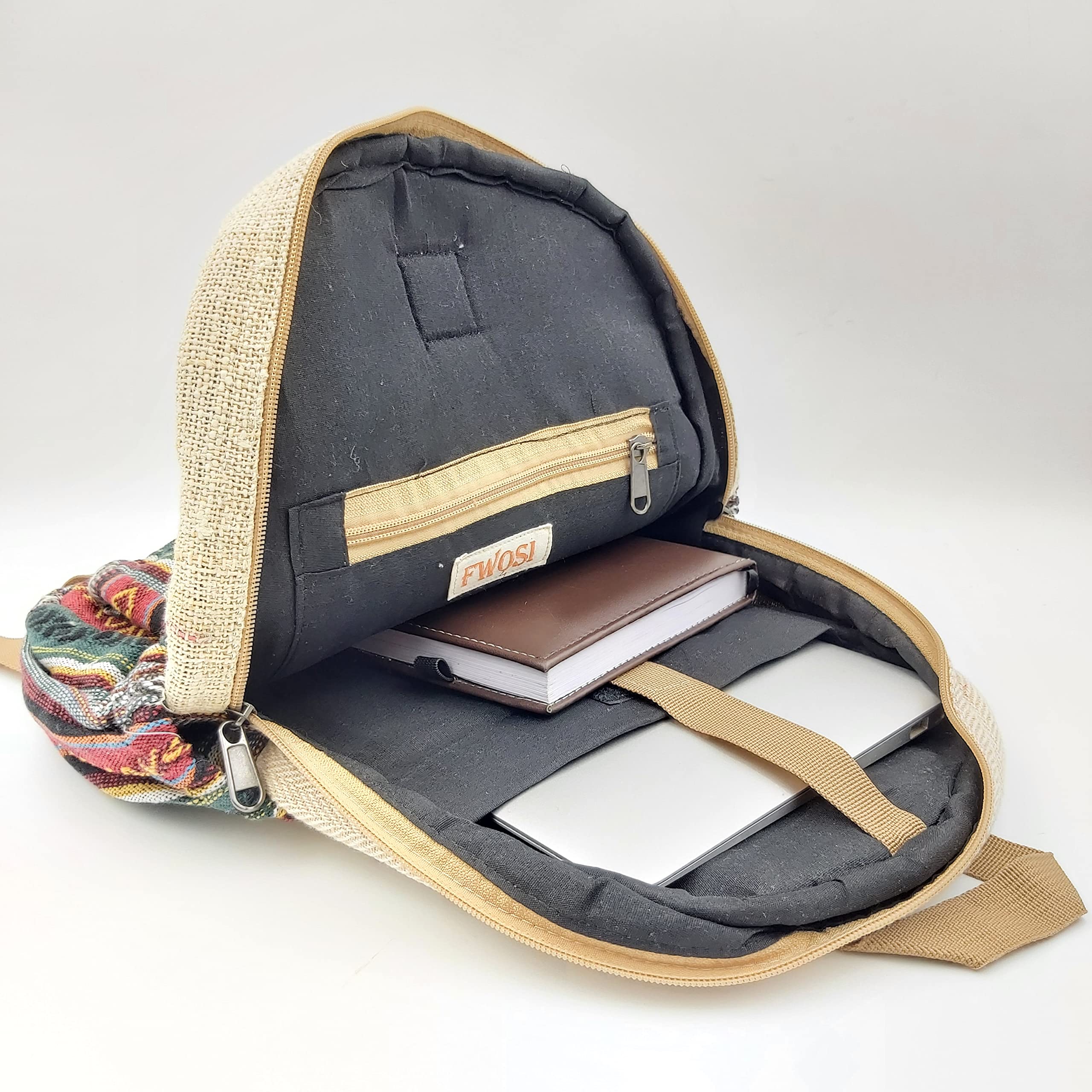 Fwosi Hemp Hippie Backpack – Cute Trendy Men & Women Multipurpose Backpacks with Laptop Sleeve - Handmade in Nepal - Sustainable Lightweight Laptop Bag