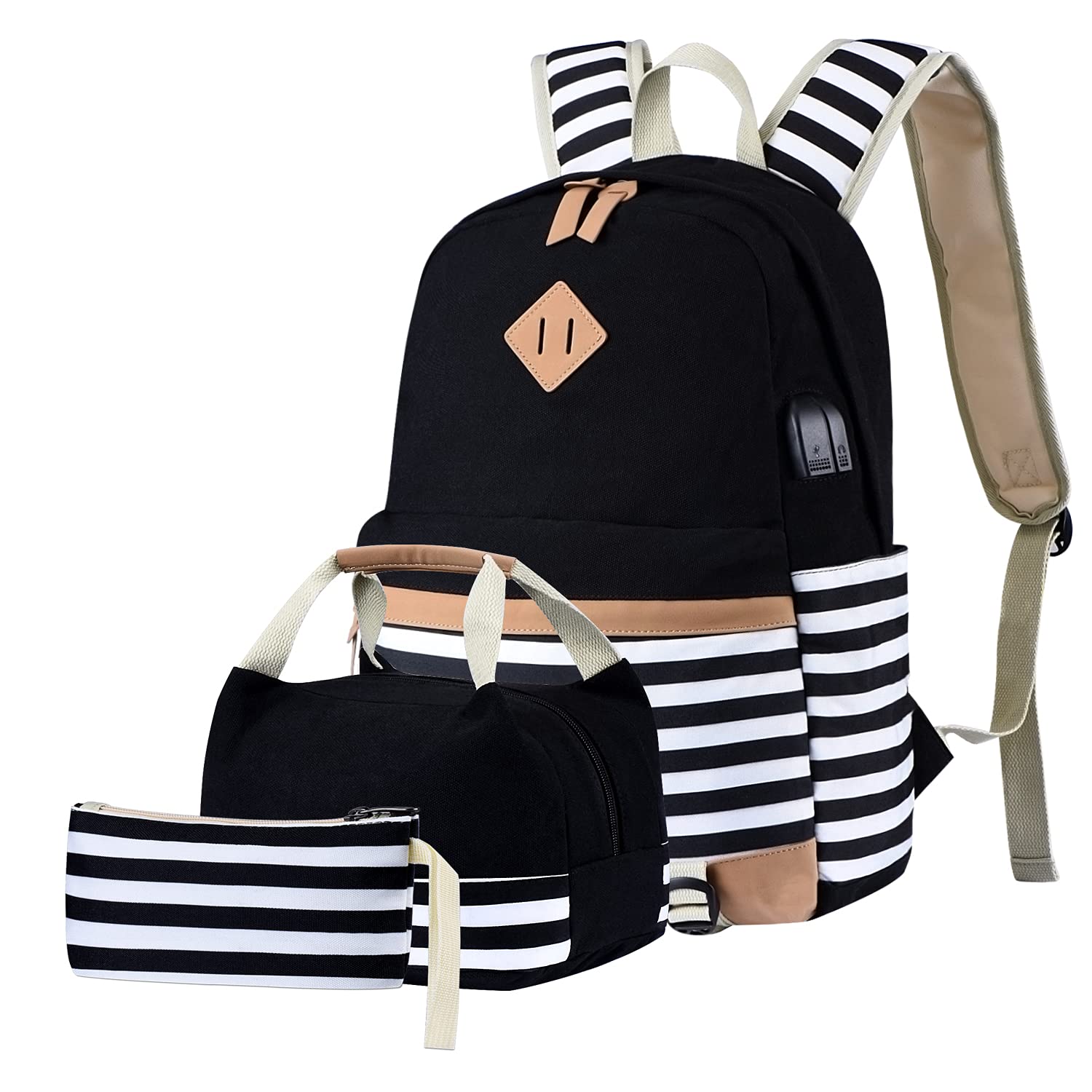BTRLIACY Canvas School Bags Striped Rucksack Casual Daypack Laptop Backpack College Student Bag Backpack for Women Teenage Girls, with Lunch Box Bag Pencil Case