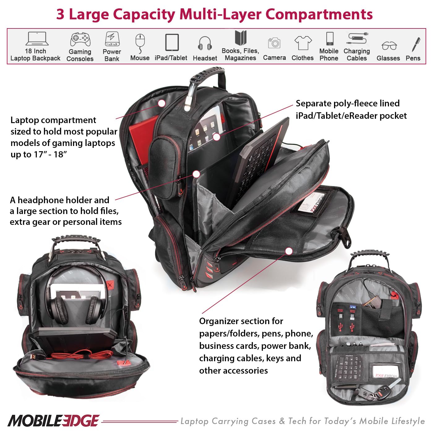 Core Gaming Laptop Backpack From Mobile Edge Core Gaming, 17.3 Inch, External USB 3.0 Quick-Charge Port w/Built-in Charging Cable, Patch Panel - Black w/Red Trim - MECGBPV1