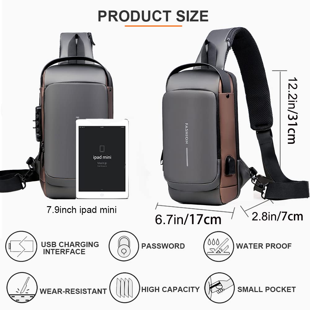 HOXSURY Sling Backpack USB Anti-Theft Waterproof Chest Daypack Casual Shoulder Bag (Grey)
