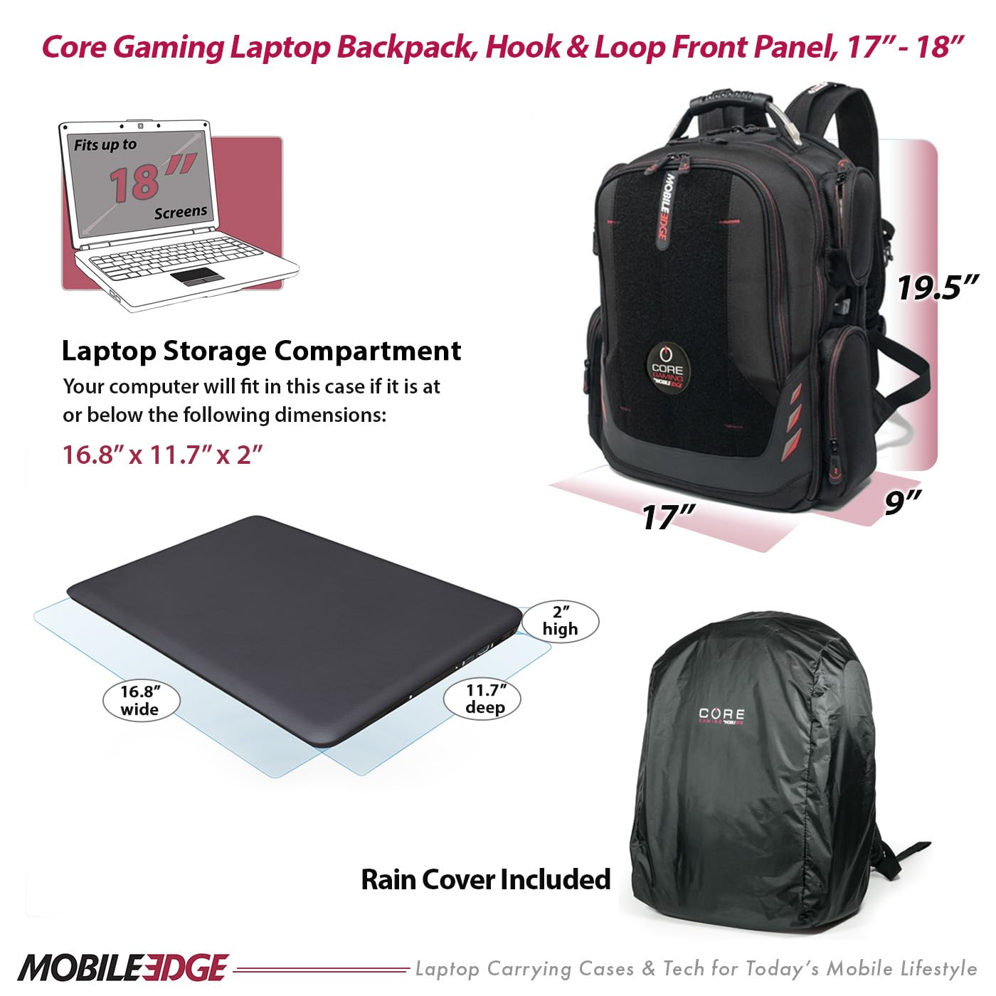 Core Gaming Laptop Backpack From Mobile Edge Core Gaming, 17.3 Inch, External USB 3.0 Quick-Charge Port w/Built-in Charging Cable, Patch Panel - Black w/Red Trim - MECGBPV1