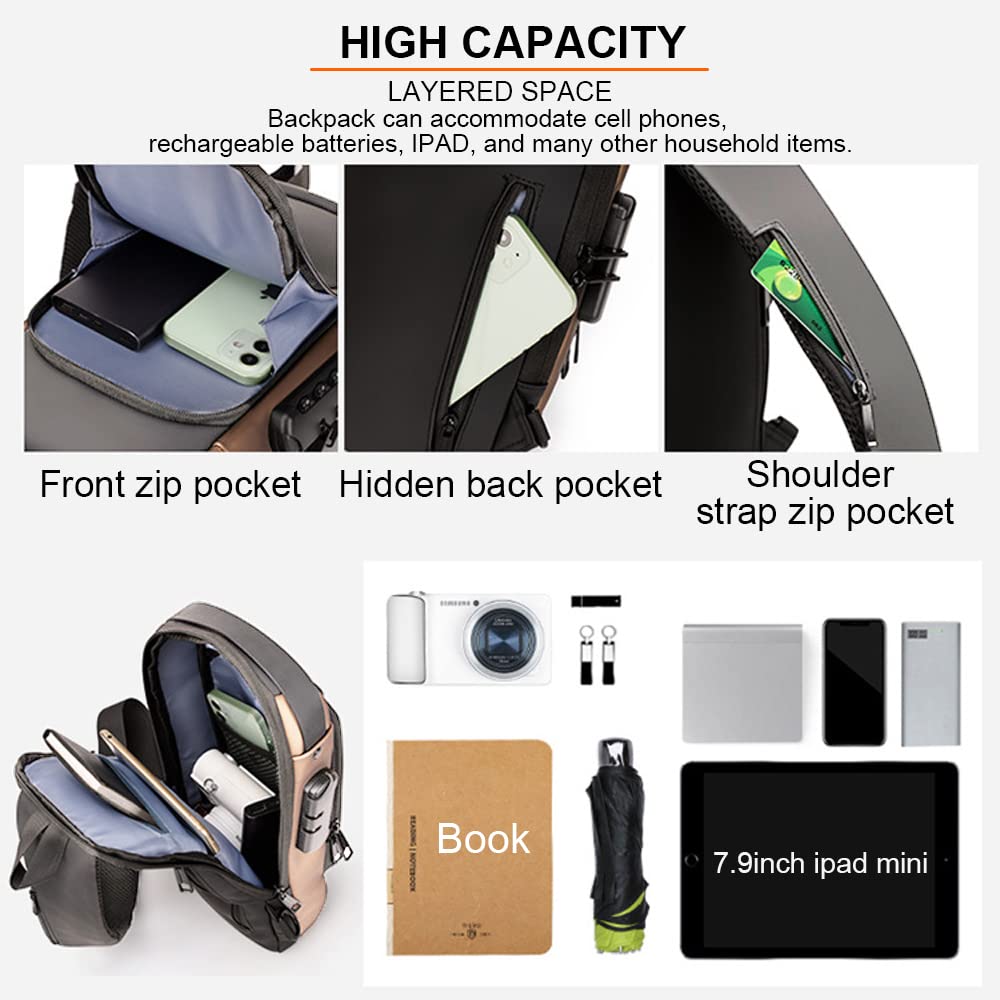 HOXSURY Sling Backpack USB Anti-Theft Waterproof Chest Daypack Casual Shoulder Bag (Grey)