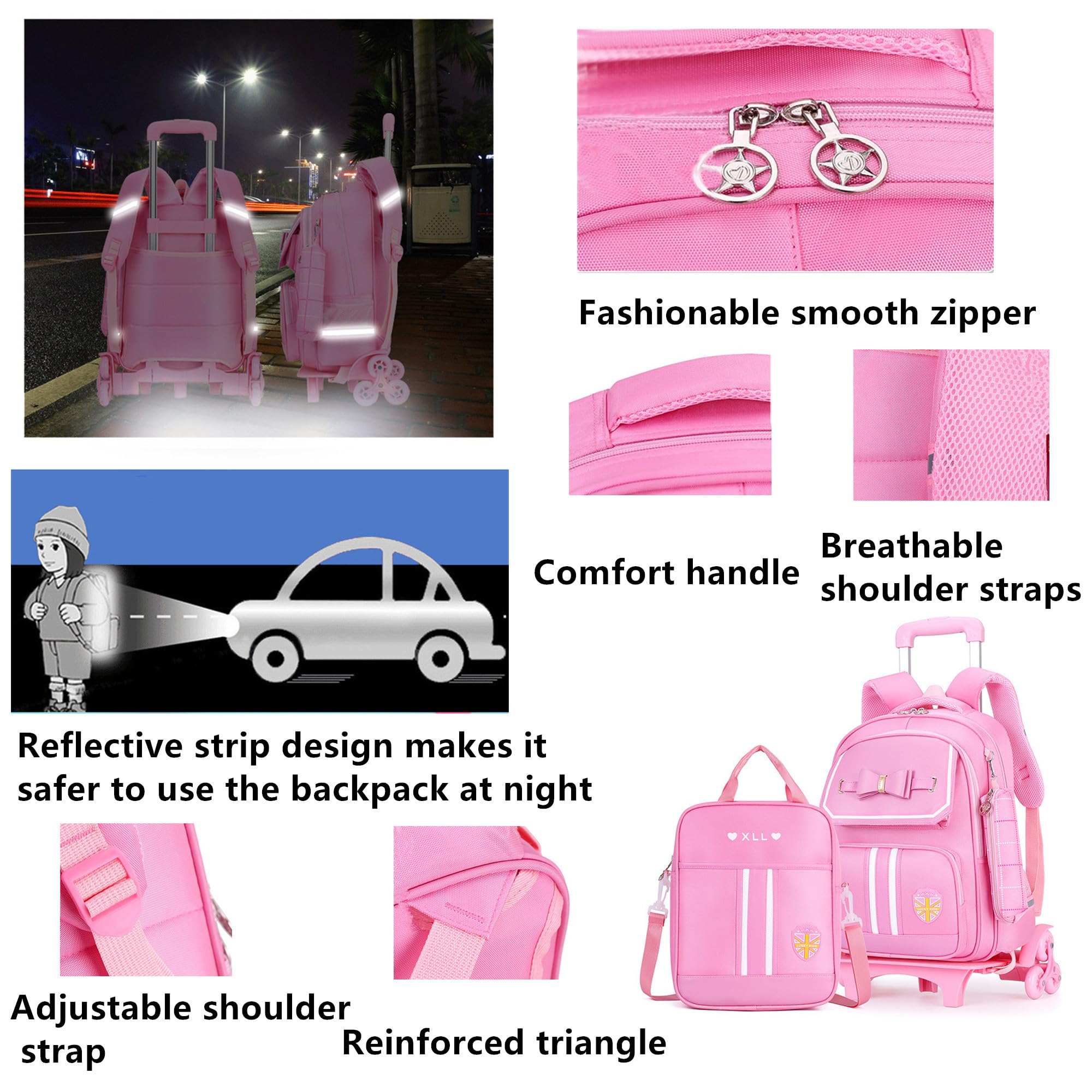 ZHANAO Rolling Trolley Bag Wheeled Backpack Bowknot for Girls Primary Schoolbag 3Pcs with Crossbody Bag Pencil Case