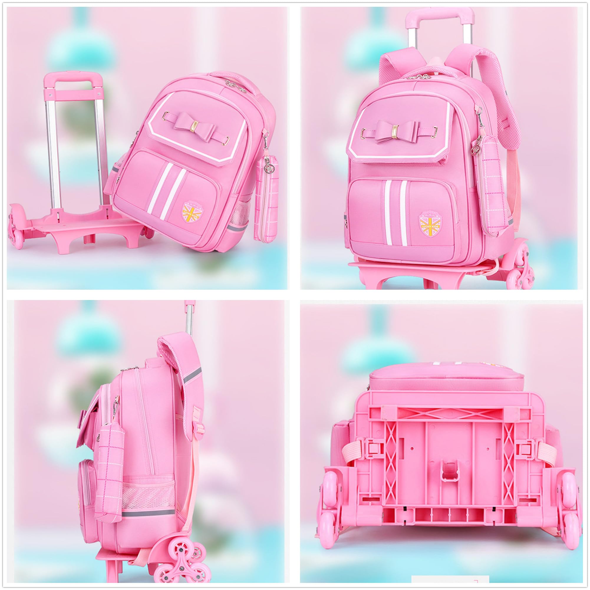 ZHANAO Rolling Trolley Bag Wheeled Backpack Bowknot for Girls Primary Schoolbag 3Pcs with Crossbody Bag Pencil Case