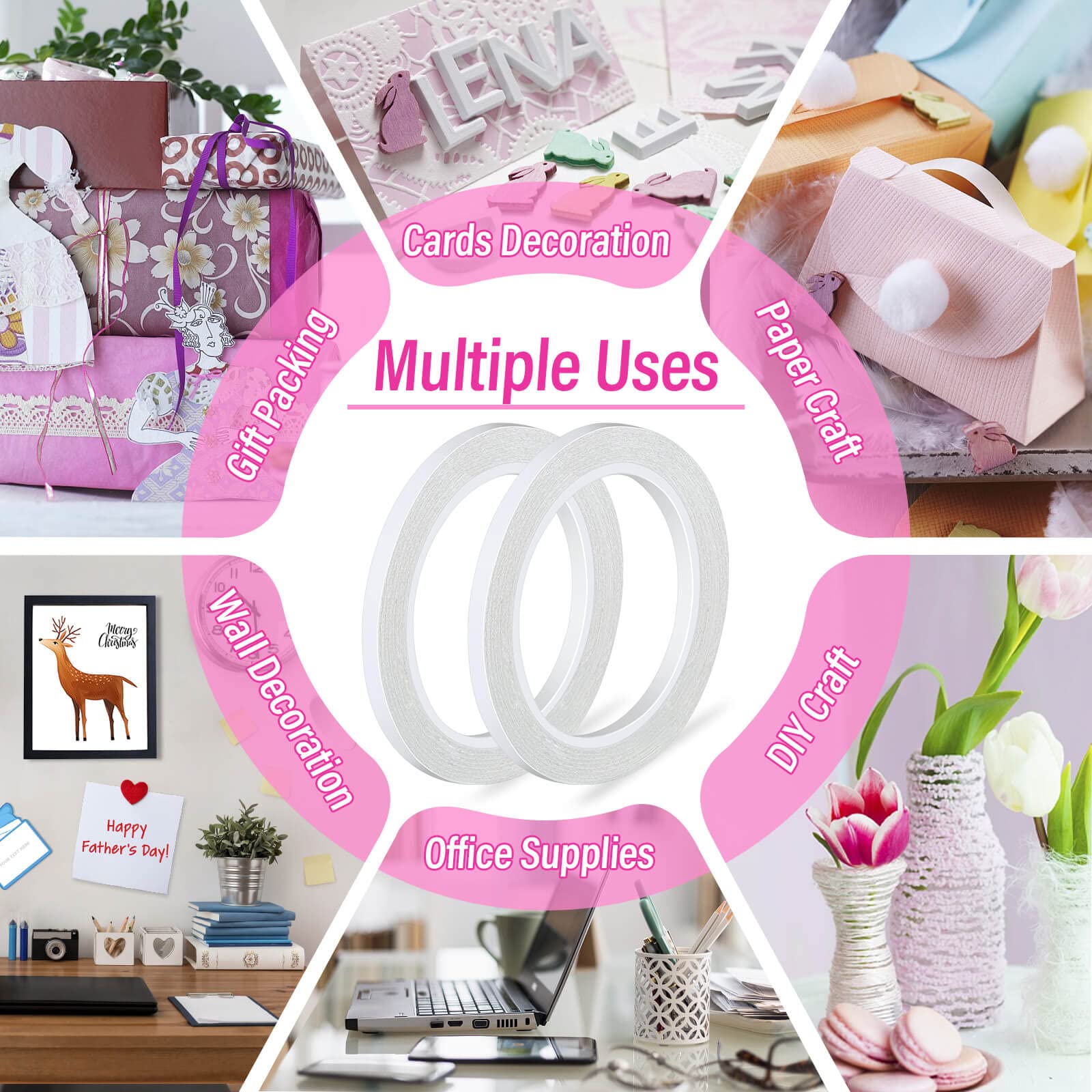 Double Sided Adhesive Tape for Crafts, Anezus 2 Rolls Double Sided Craft Sticky Tape for Scrapbooking, Card Making, Fastening, Decorations and Crafting