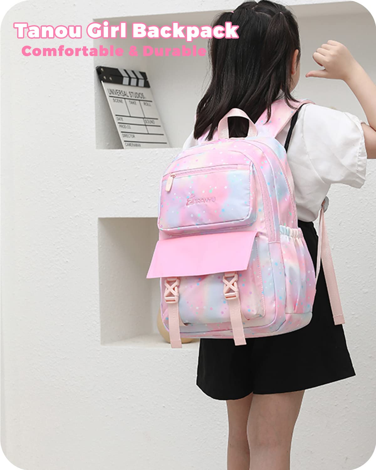 Tanou Kids Backpacks for Girls, 16 Inch Elementary Middle School Backpack, 2023 Lightweight Girl Bookbags with Anti-theft Pocket, Pink