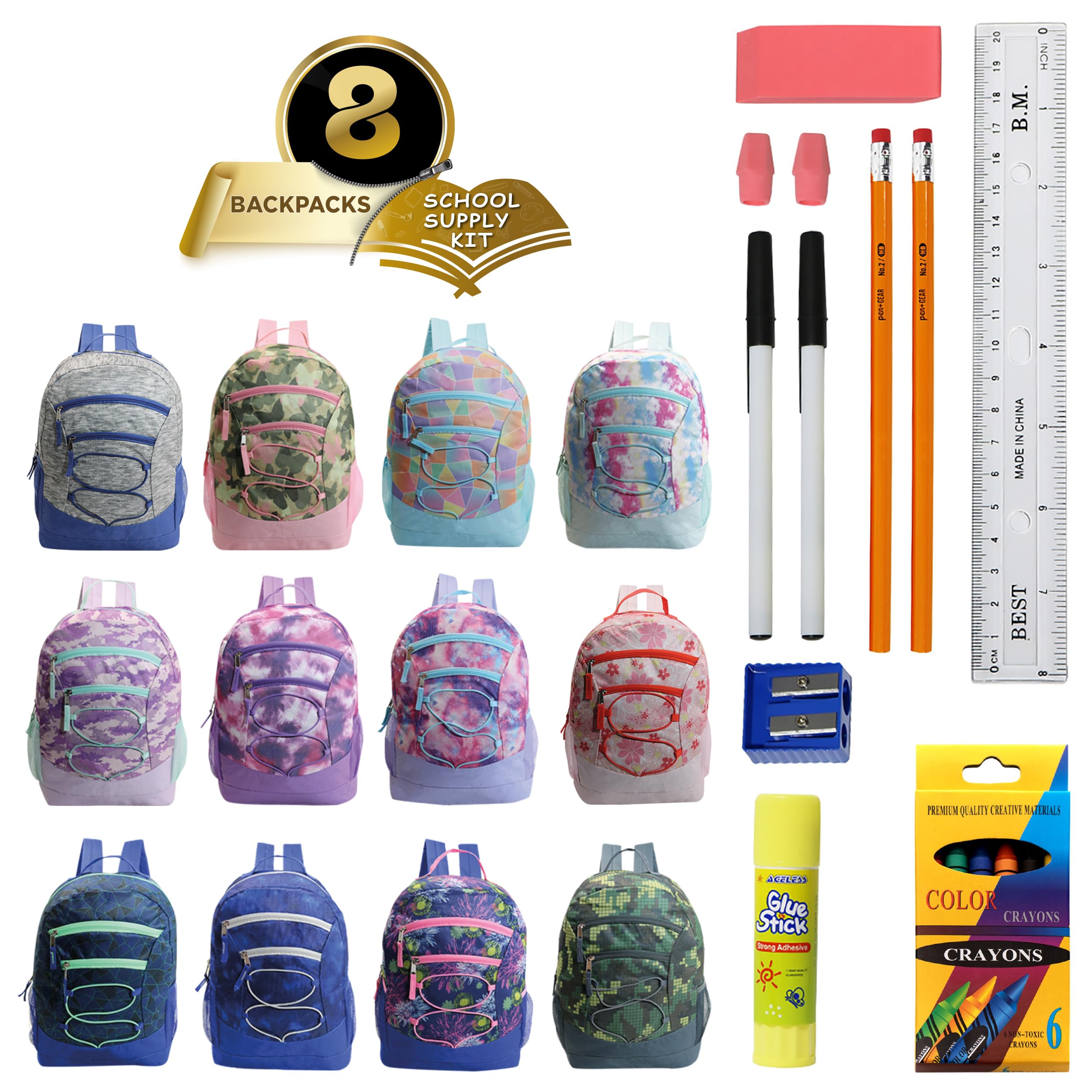 Moda West 17 Inch Bulk Backpacks with 18 Piece Wholesale School Supply Kits in 8 Assorted Styles - Case of 8 Pack Bundle