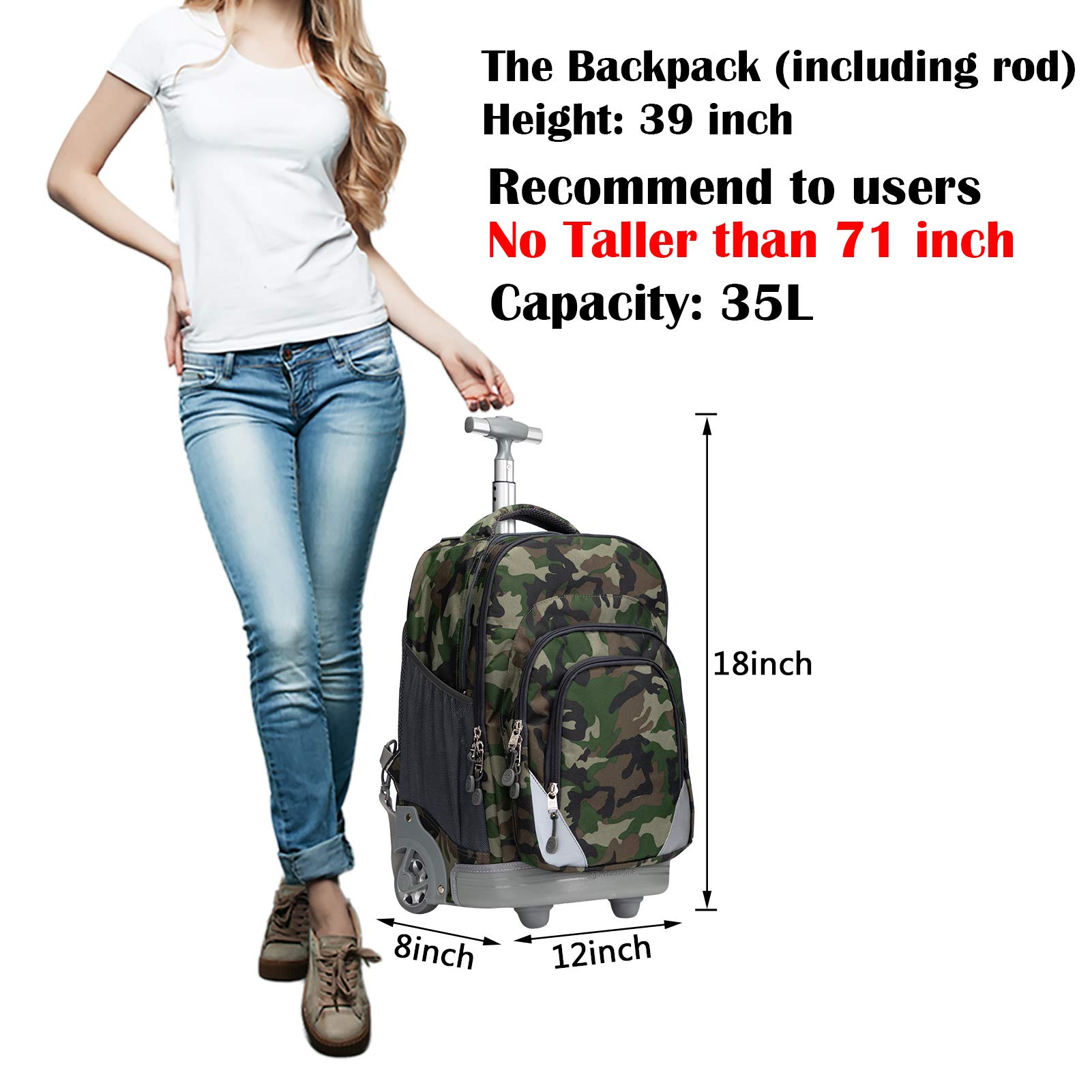 WEISHENGDA 18 inches Wheeled Rolling Backpack for Adults and School Students Short Trip Books Laptop Trolley Bags, Green Camo