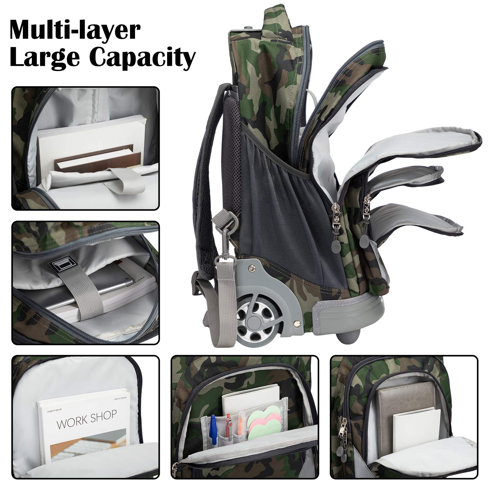 WEISHENGDA 18 inches Wheeled Rolling Backpack for Adults and School Students Short Trip Books Laptop Trolley Bags, Green Camo