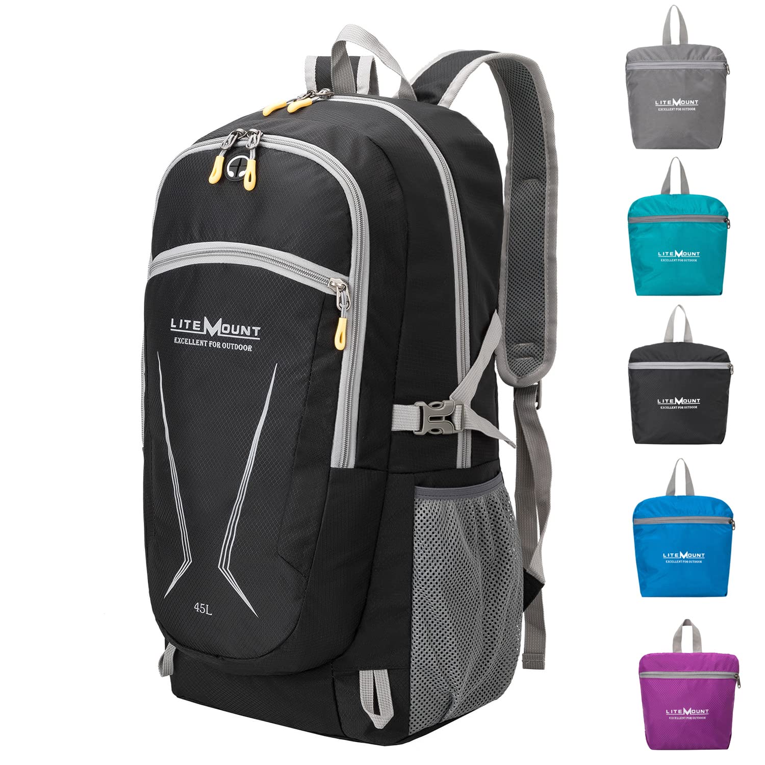 LITEMOUNT Lightweight Packable Backpack, Hiking Backpack, Outdoor Travel Daypack (Black)