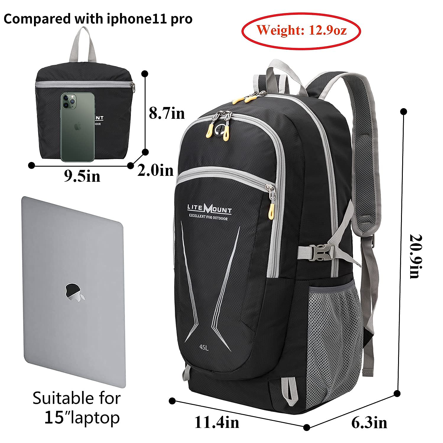 LITEMOUNT Lightweight Packable Backpack, Hiking Backpack, Outdoor Travel Daypack (Black)