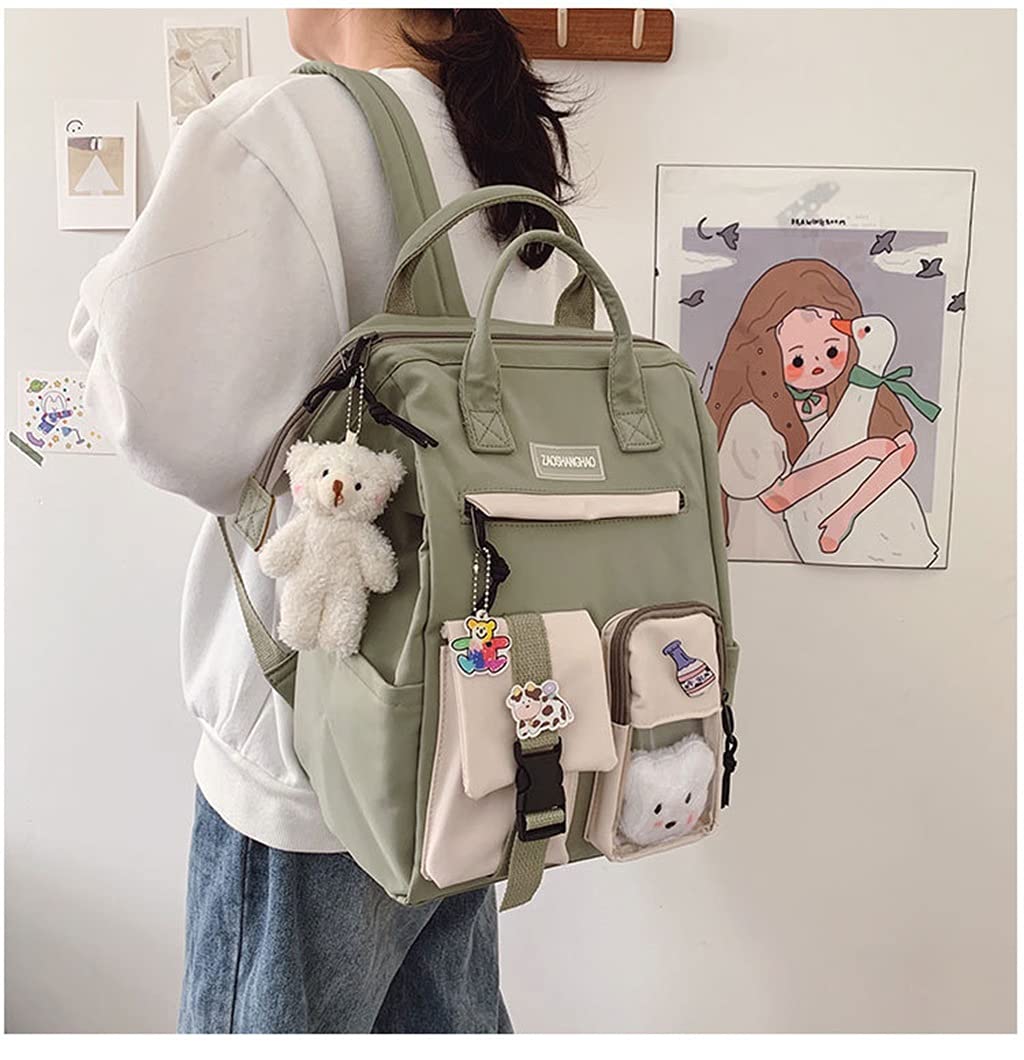 CM C&M WODRO Kawaii Backpack for Girls Women with Pin Bear Accessories Cute College High School Backpack Laptop Bookbag (Green-A)