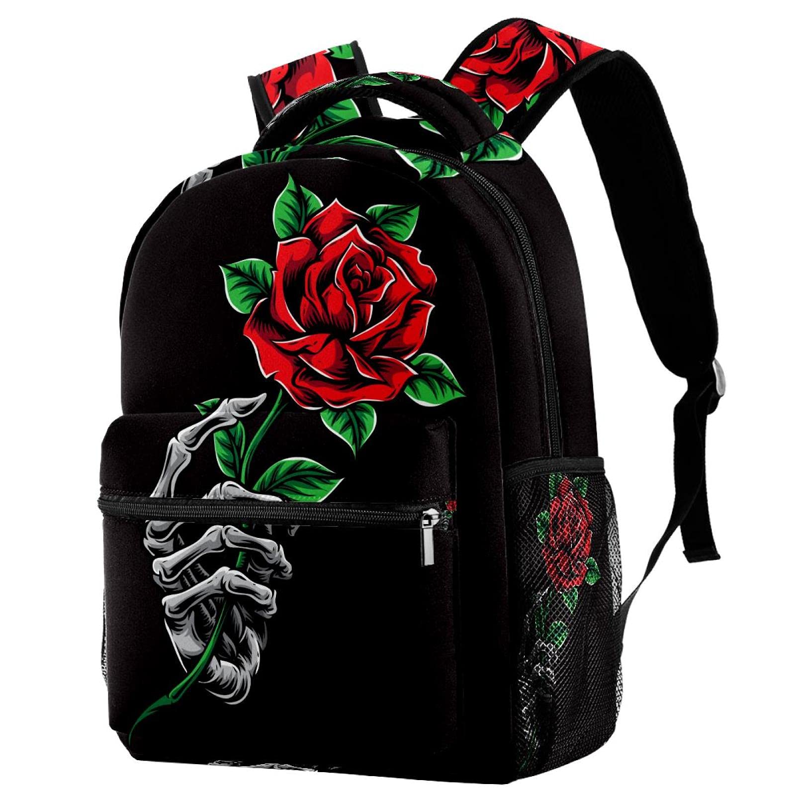 Niaocpwy Skeleton Hand Holding Red Rose School Backpack Medium Size, Travel Bag For Women Girls Men Boys Teens