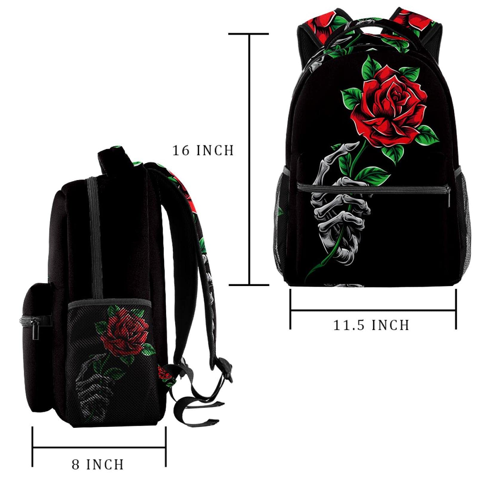 Niaocpwy Skeleton Hand Holding Red Rose School Backpack Medium Size, Travel Bag For Women Girls Men Boys Teens