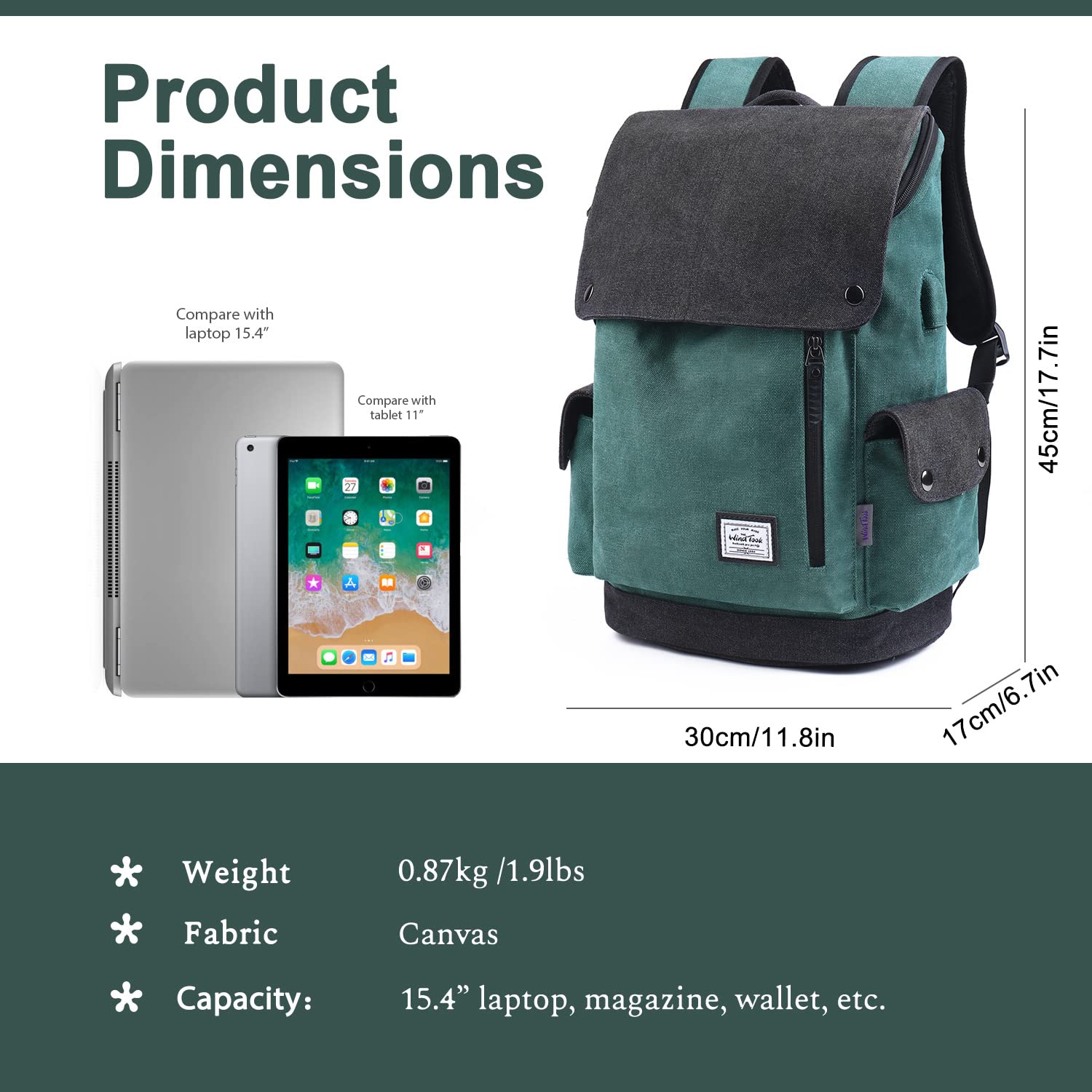WindTook Travel Laptop Backpack for Women Canvas Daypack College School Bookbag Fit for 15 Inch Notebook, Oil Green
